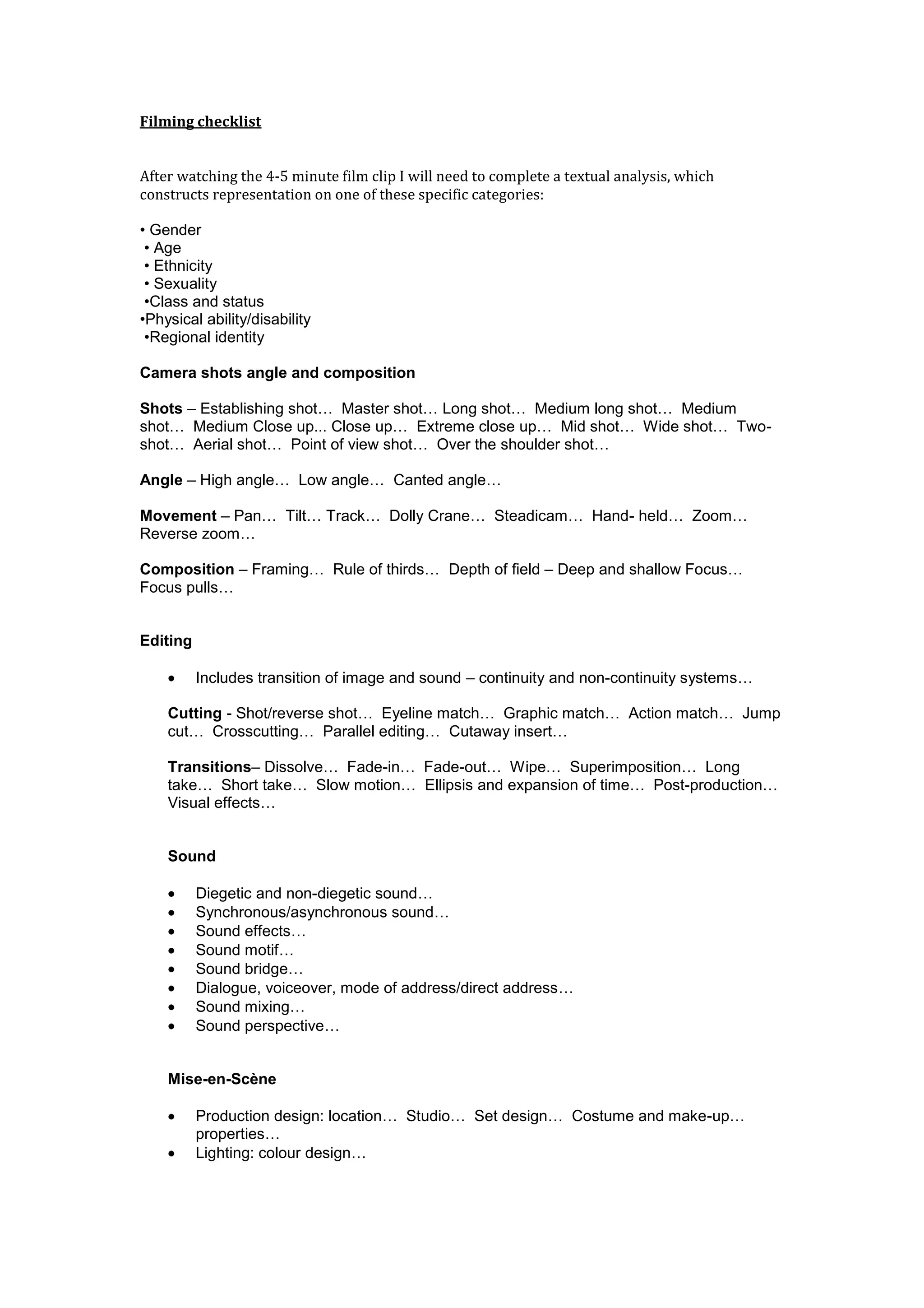 Checklist for filming | DOCX