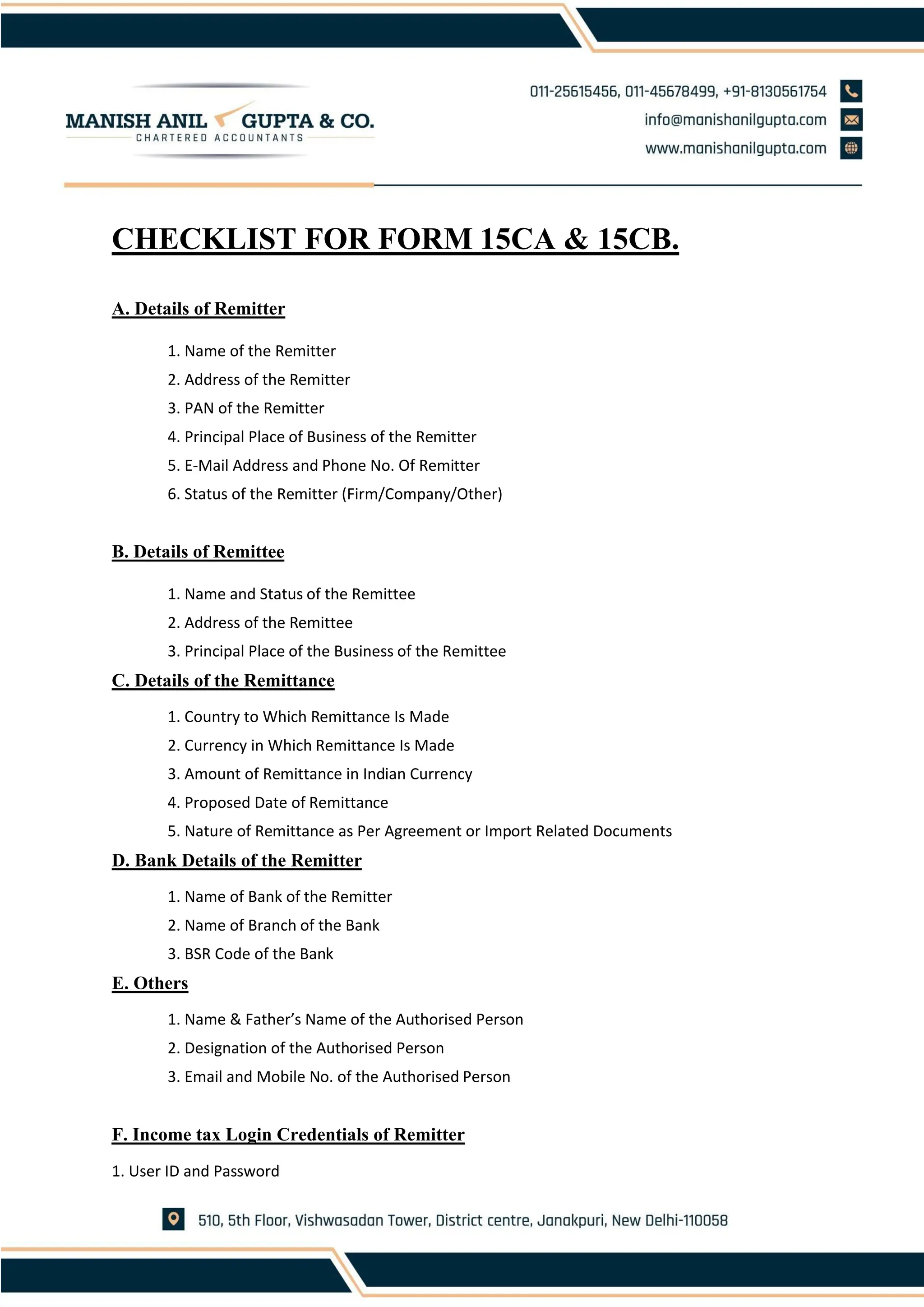 Check List for Form 15CA & 15 CB - MAG CA FIRM | PDF