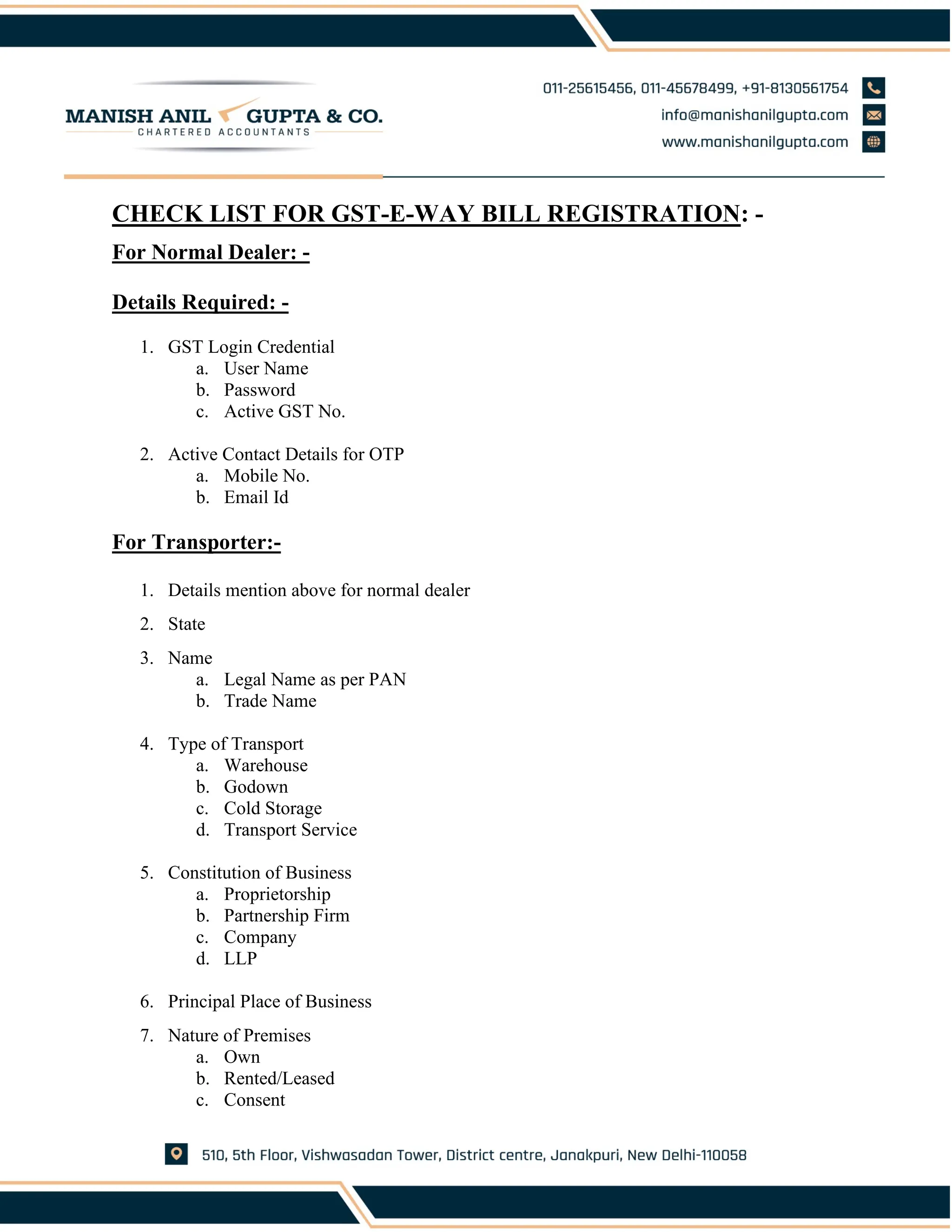 Check List for GST-E-WAY Bill Registration | PDF