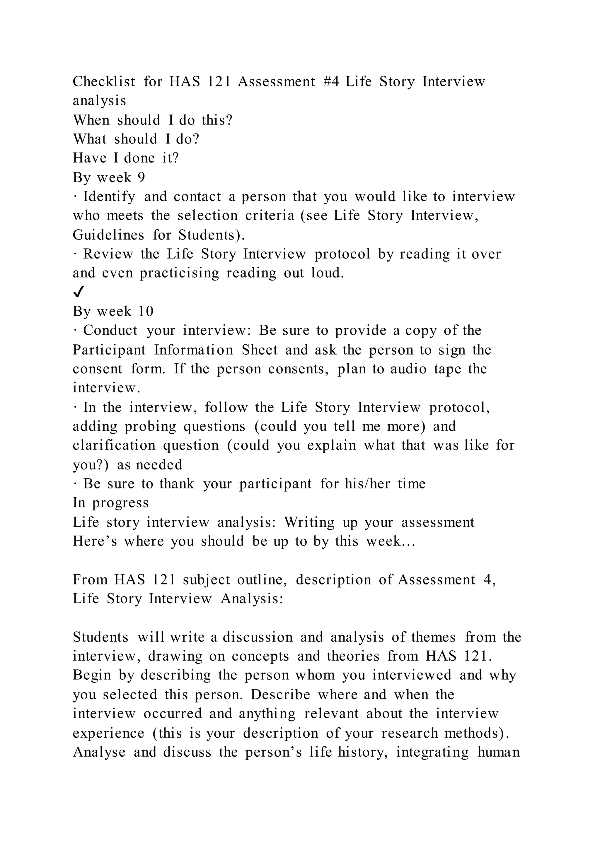 Checklist for HAS 121 Assessment #5 Life Story Interview analysis Wh | DOCX