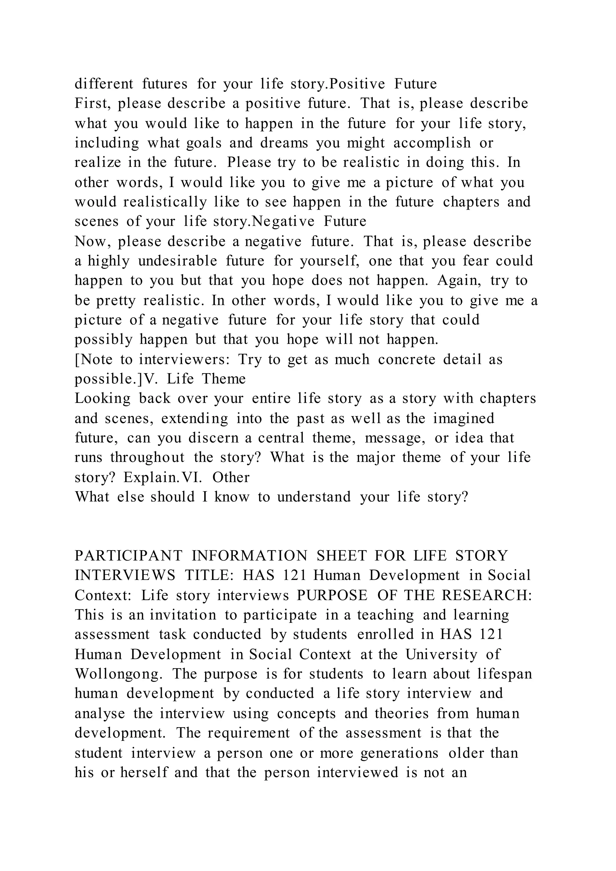 Checklist for HAS 121 Assessment #5 Life Story Interview analysis Wh ...