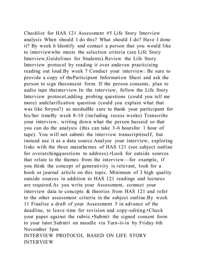 Checklist for HAS 121 Assessment #5 Life Story Interview analysis Wh | PDF