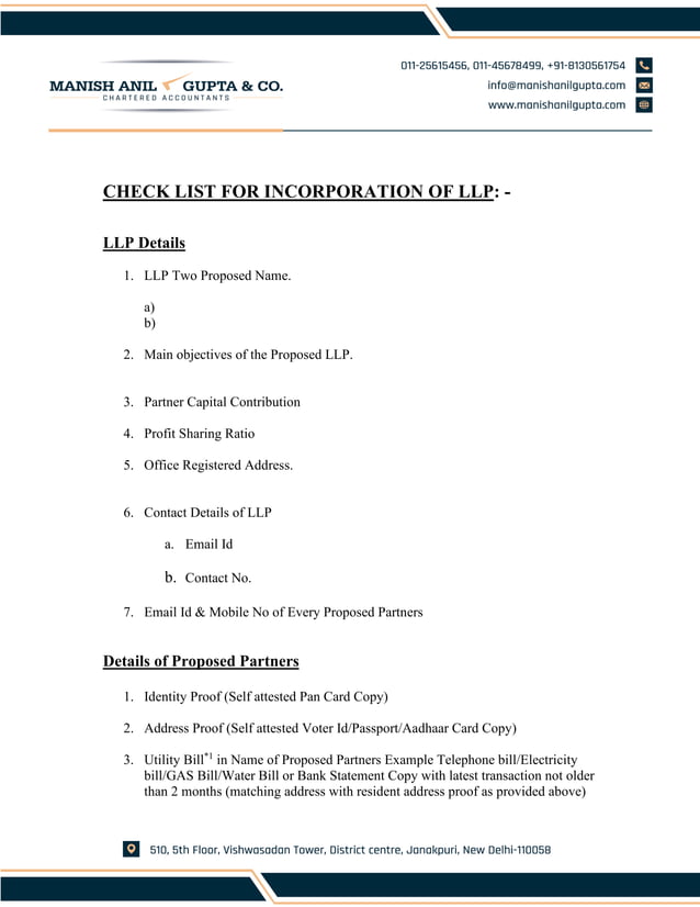 Check List for Formation and Incorporation Of LLP | PDF
