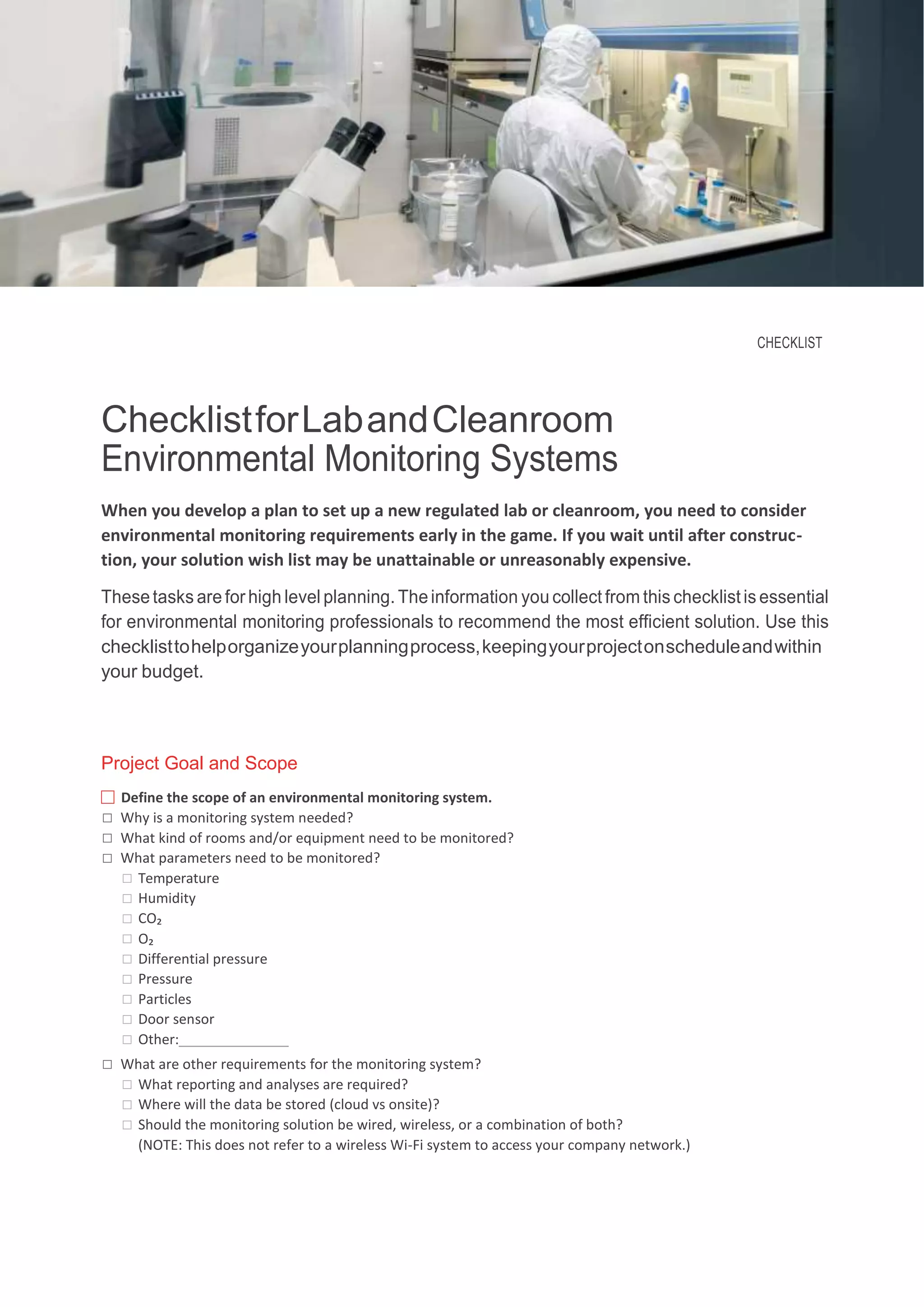 Checklist for lab and cleanroom environ mental monitoring systems | DOCX