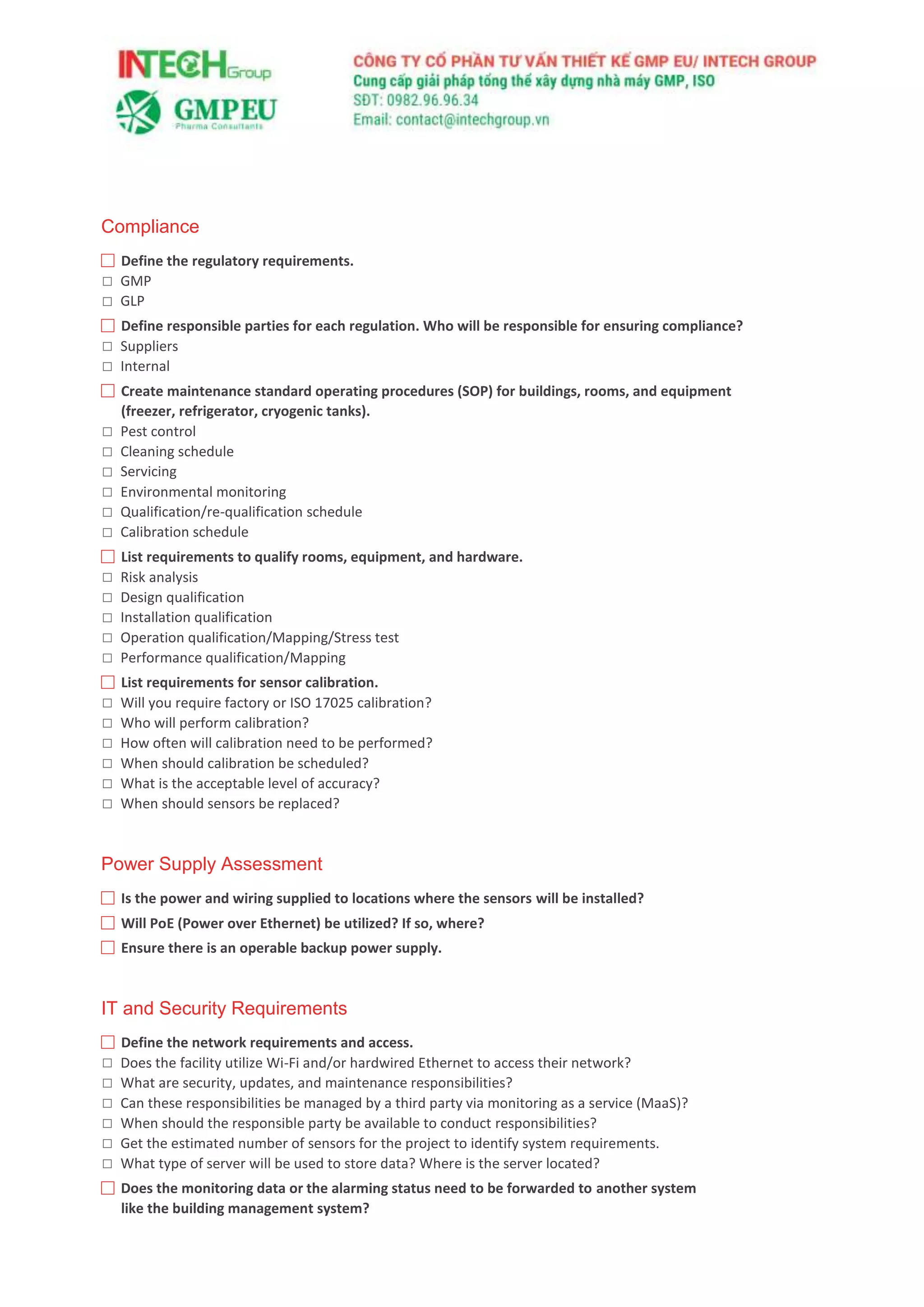 Checklist for lab and cleanroom environ mental monitoring systems | DOCX