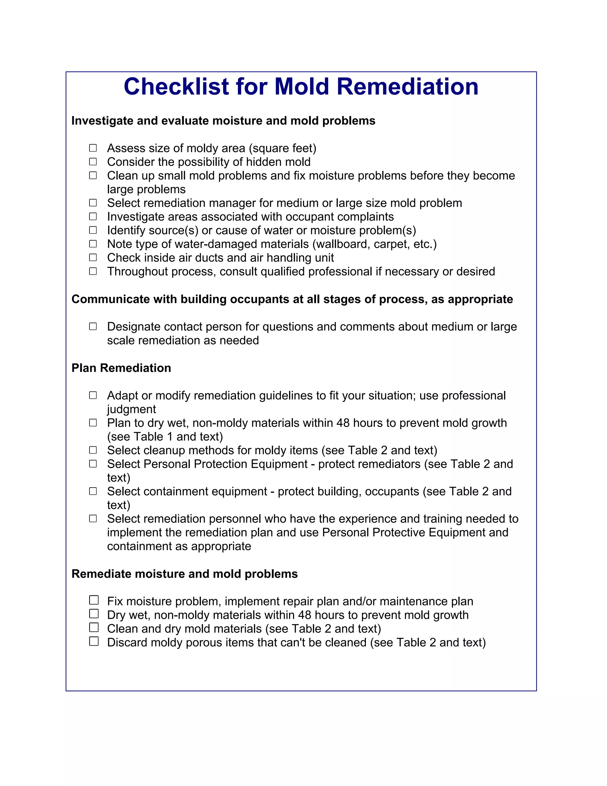 Checklist for Mold Remediation | PDF