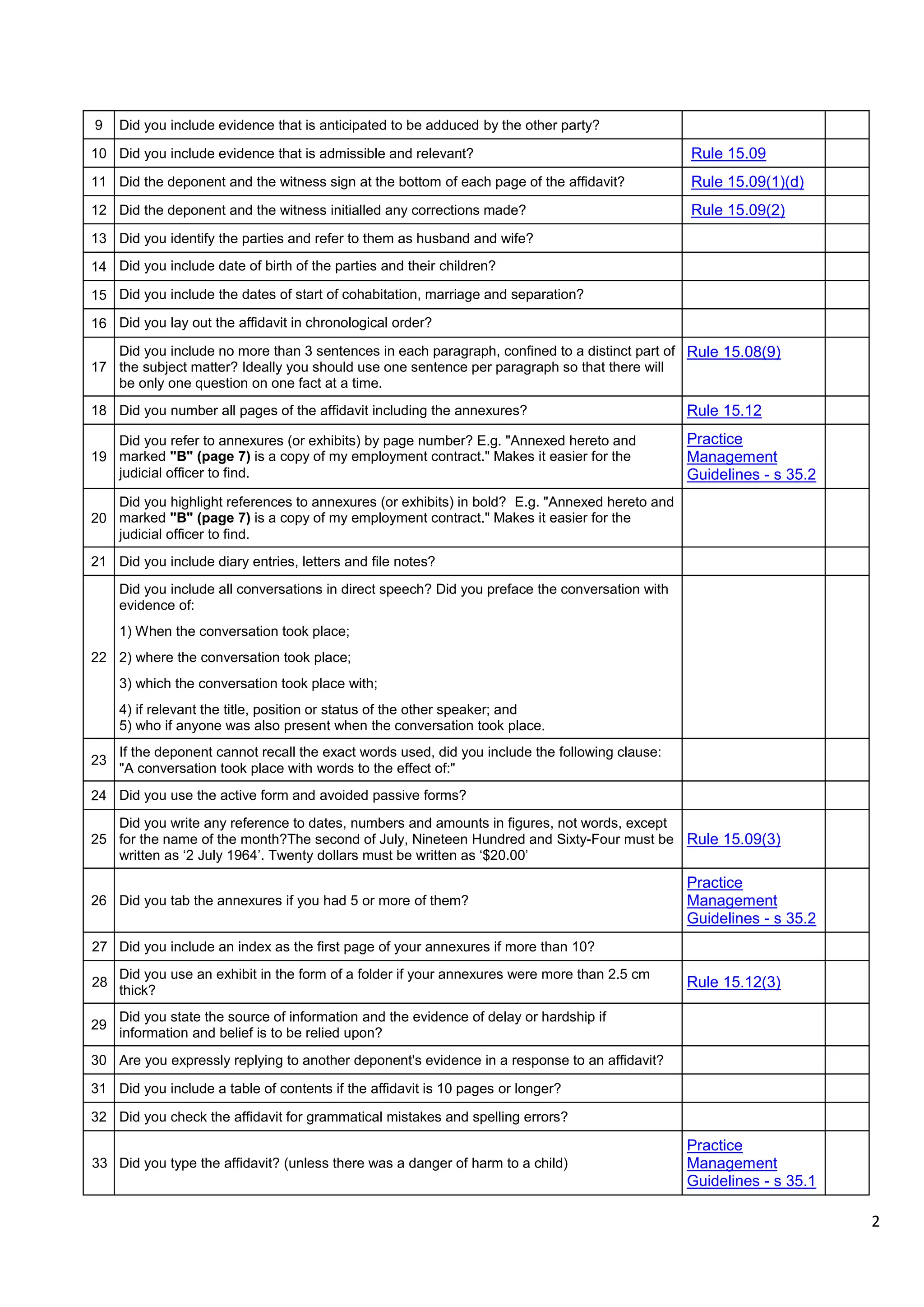 Checklist for preparing a Family Court affidavit | DOCX