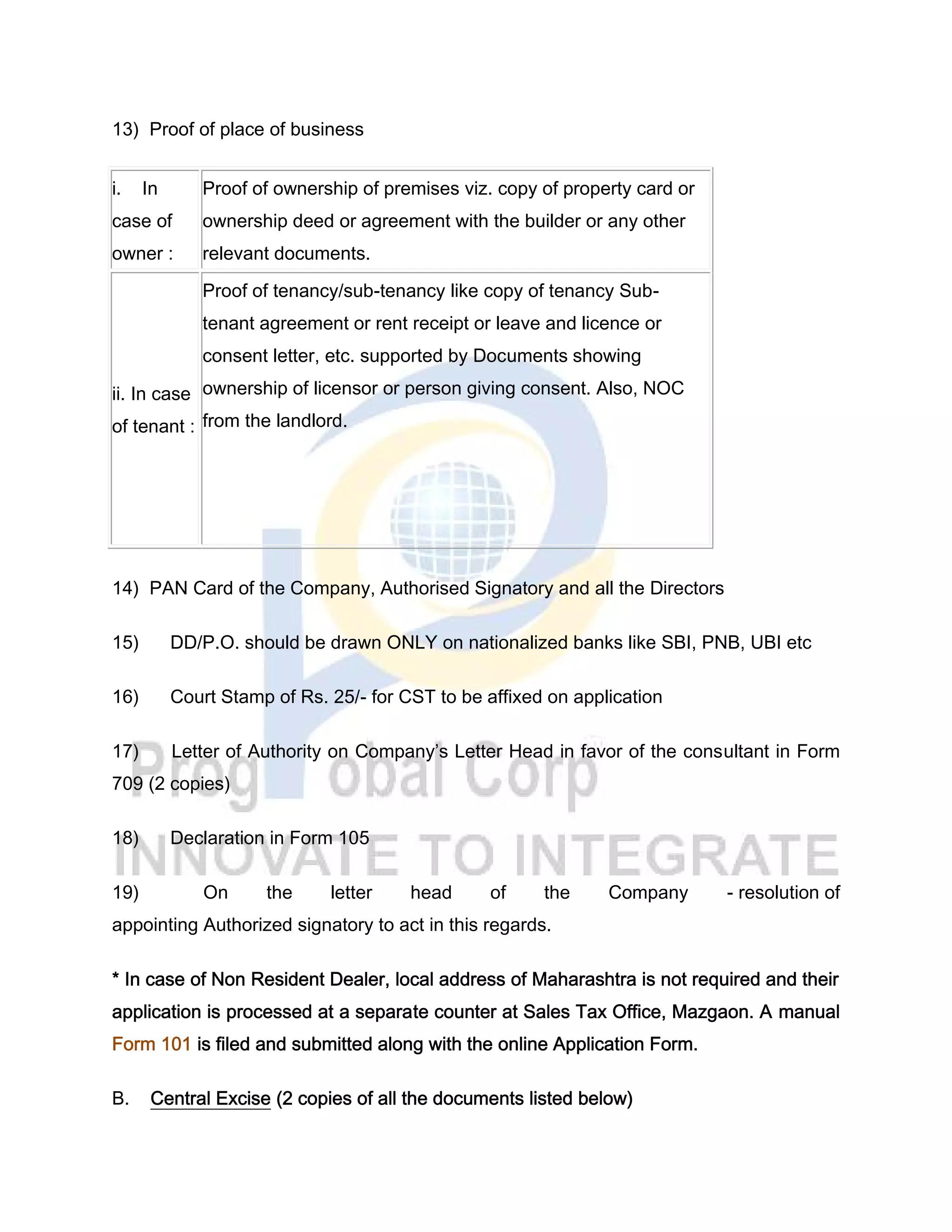 Checklist for registration under vat, cst & pt and central excise | PDF