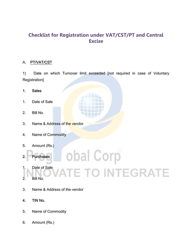 Checklist for registration under vat, cst & pt and central excise | PDF