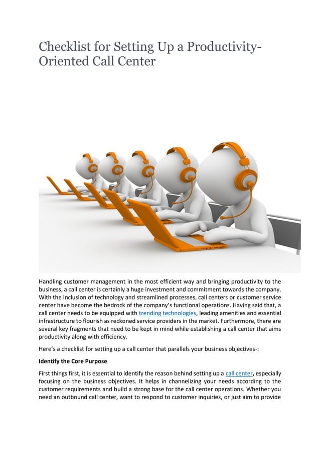 Checklist for setting up a productivity - Oriented Call Center | PDF