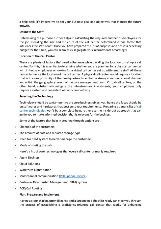 Checklist for setting up a productivity - Oriented Call Center | PDF