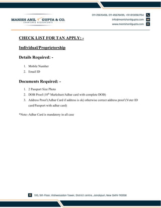 Check List for TAN Apply (Individual/Proprietorship) | PDF