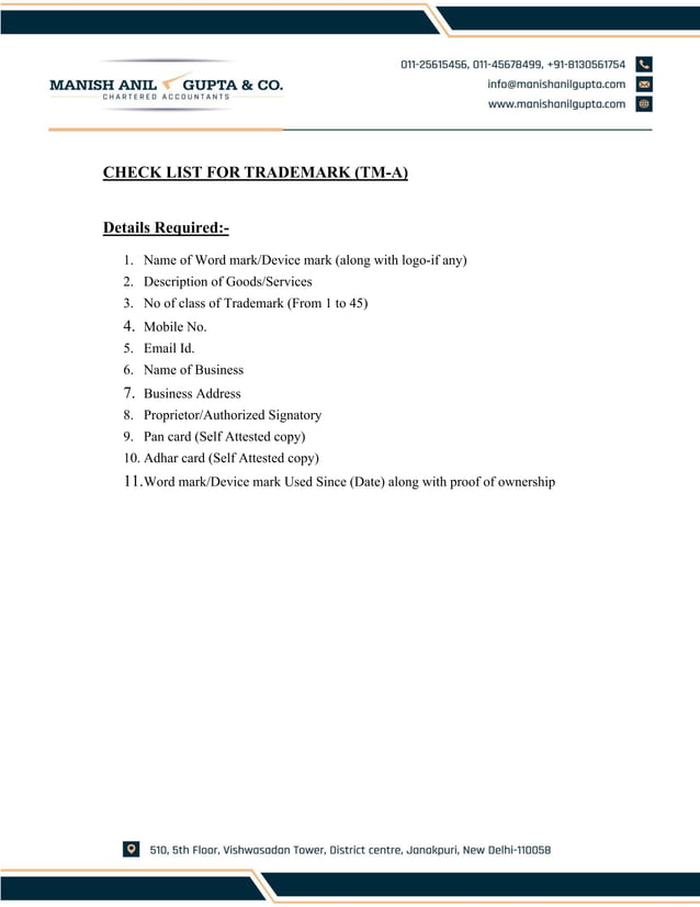 Check List for Trademark (TM-A) - Manish Anil Gupta | PDF