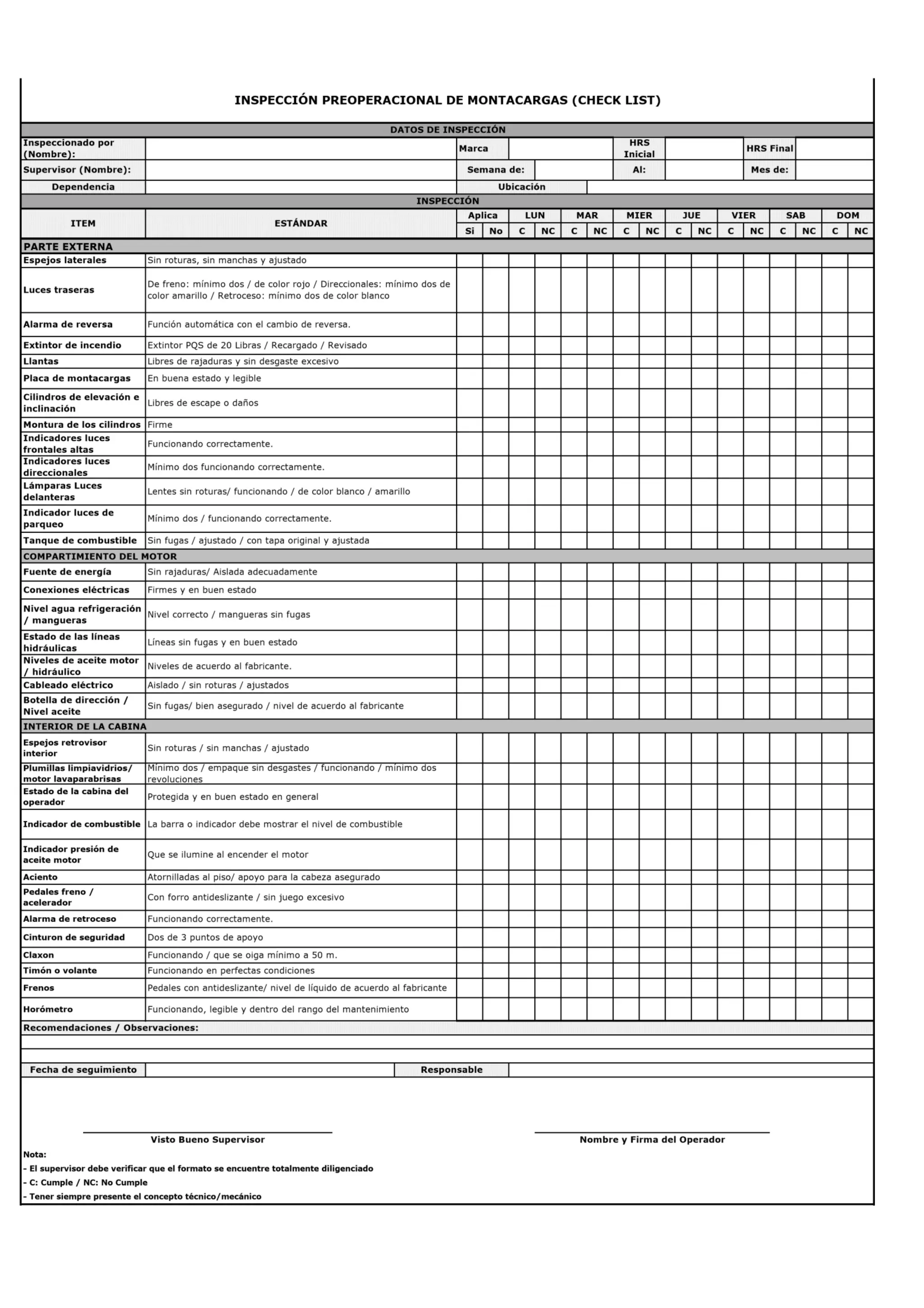 Check List Montacargas Pdf
