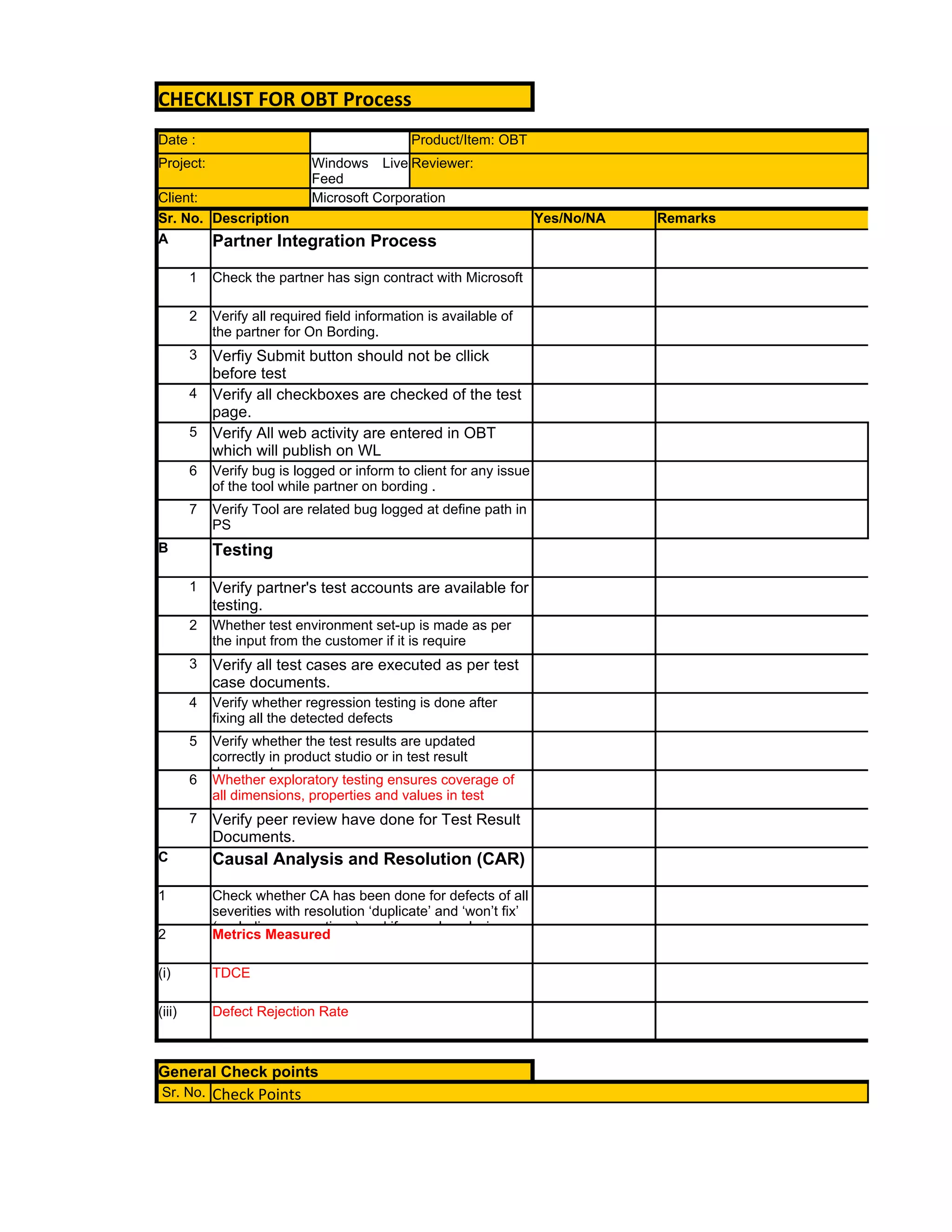 Checklist Obt Process | PDF