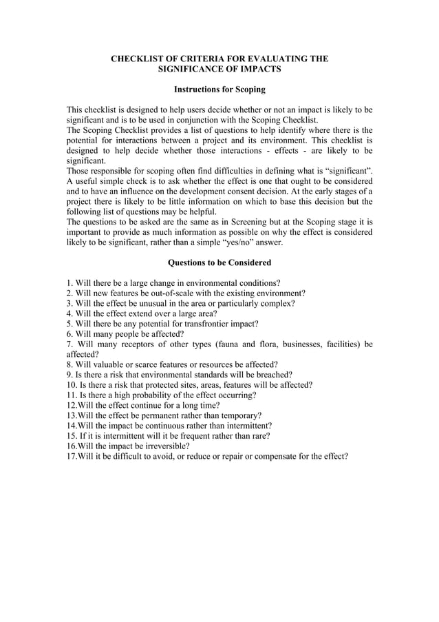 Checklist of criteria for evaluating the significance of impact | DOC