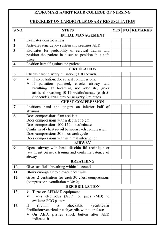 CHECKLIST ON CPR.pdf | First Aid | Injuries