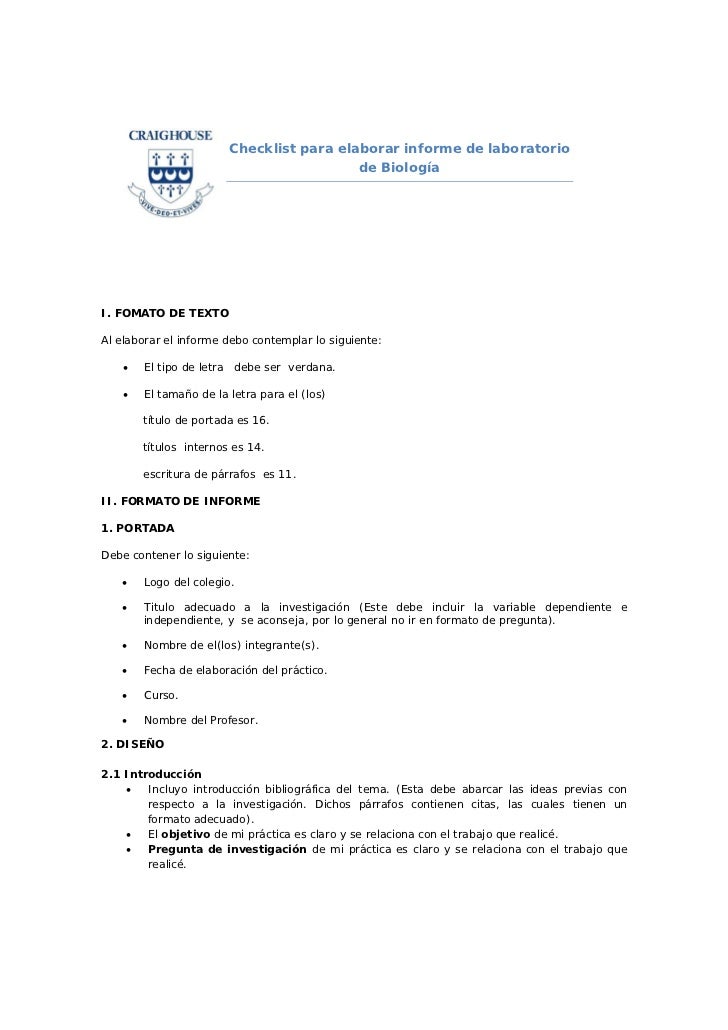 Checklist Para Elaborar Informe De Laboratorio De Biología