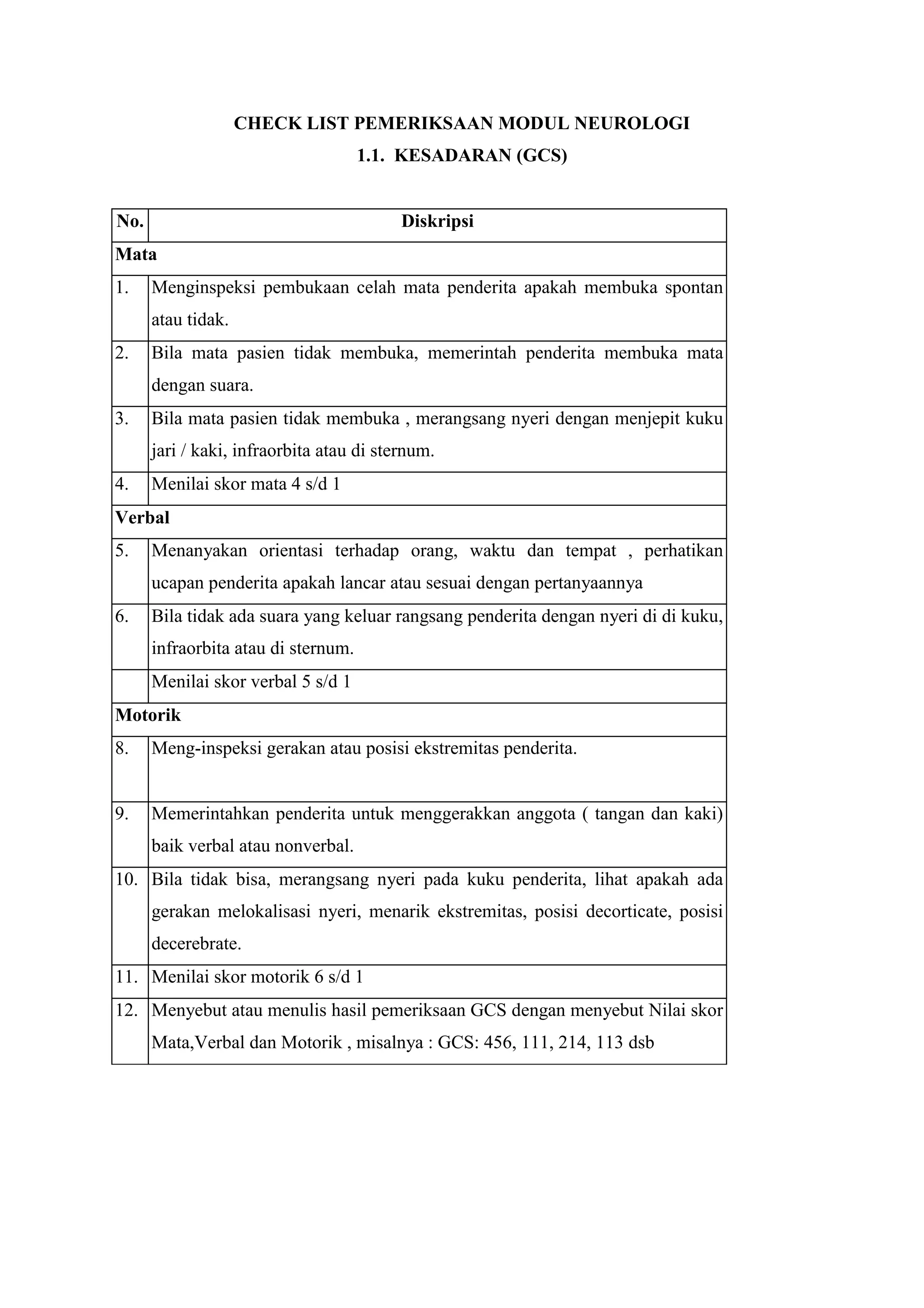 Check list pemeriksaan neurologi 1 | DOCX