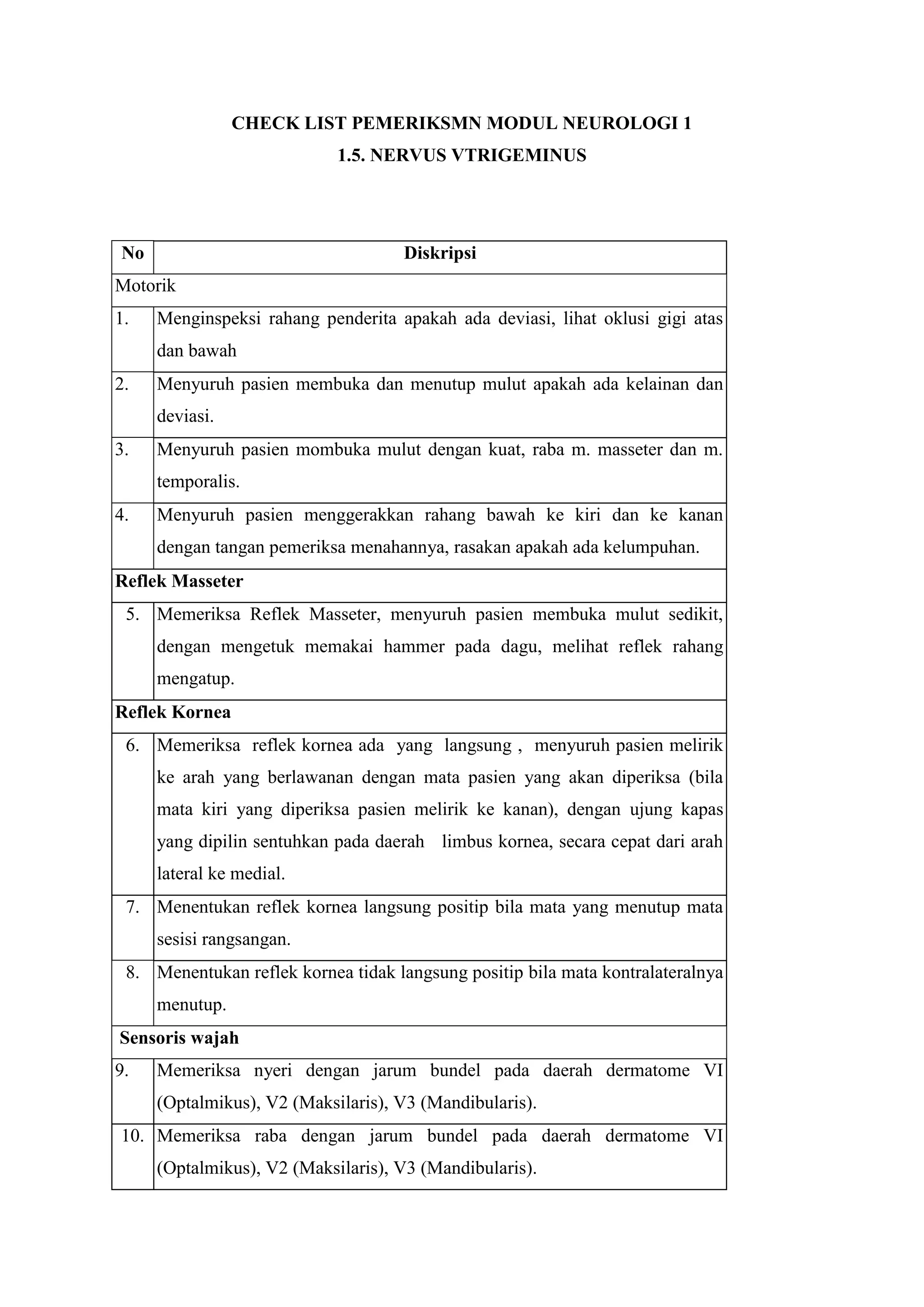 Check list pemeriksaan neurologi 1 | DOCX