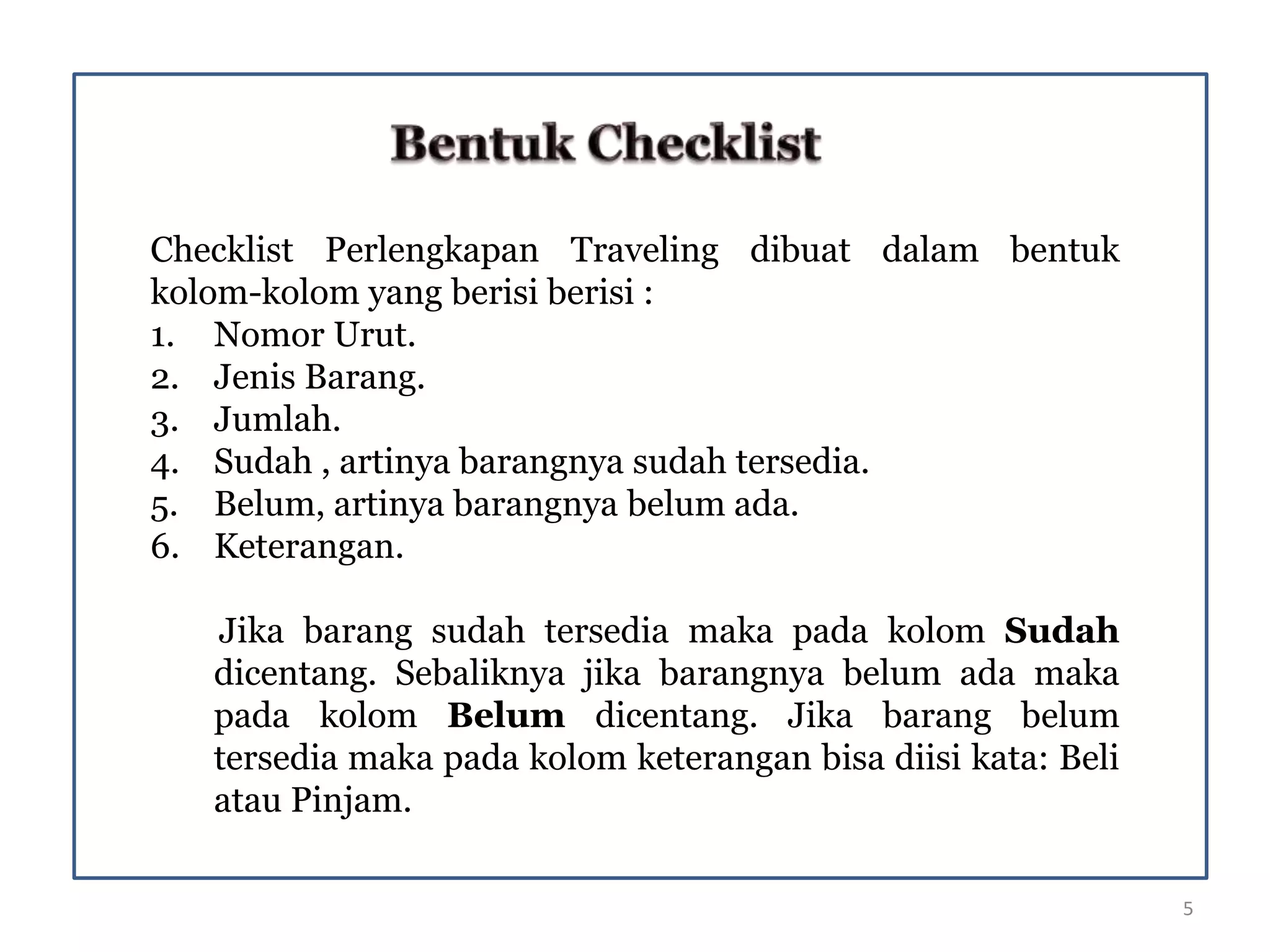 Checklist Perlengkapan Traveling ppt | PPTX