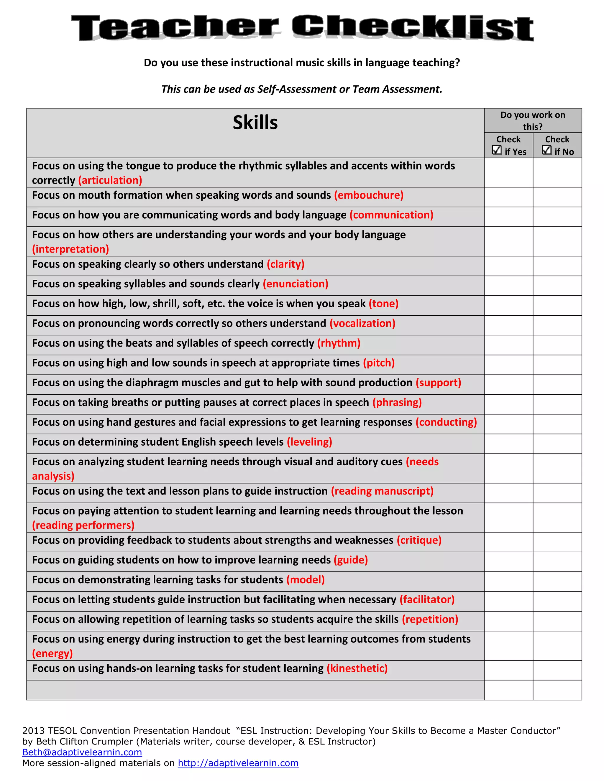 TESOL 2013 Handouts Checklist (Do you do these in the language ...