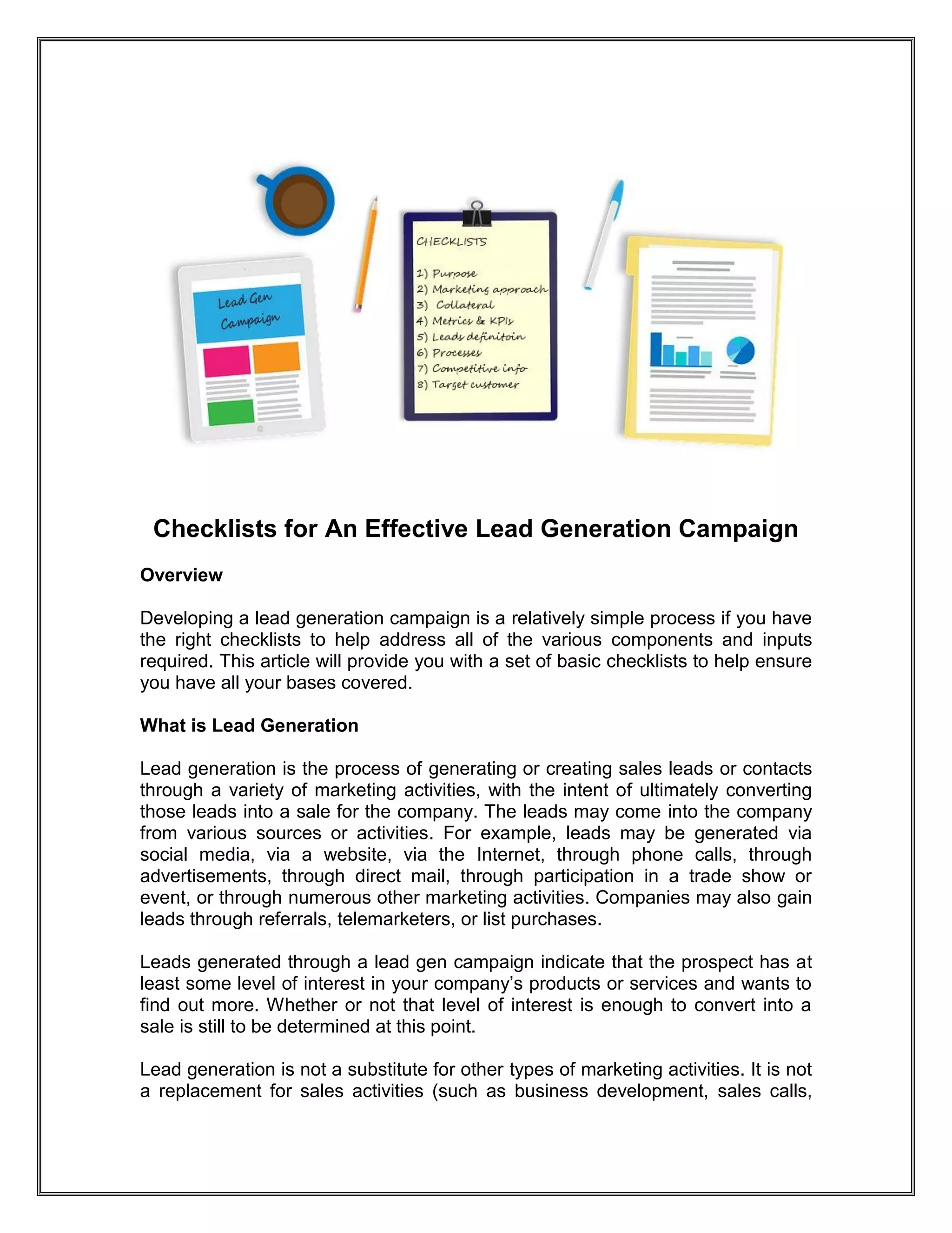 Checklists for an Effective Lead Generation Campaign | PDF