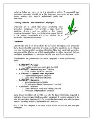 Checklists for an Effective Lead Generation Campaign | PDF