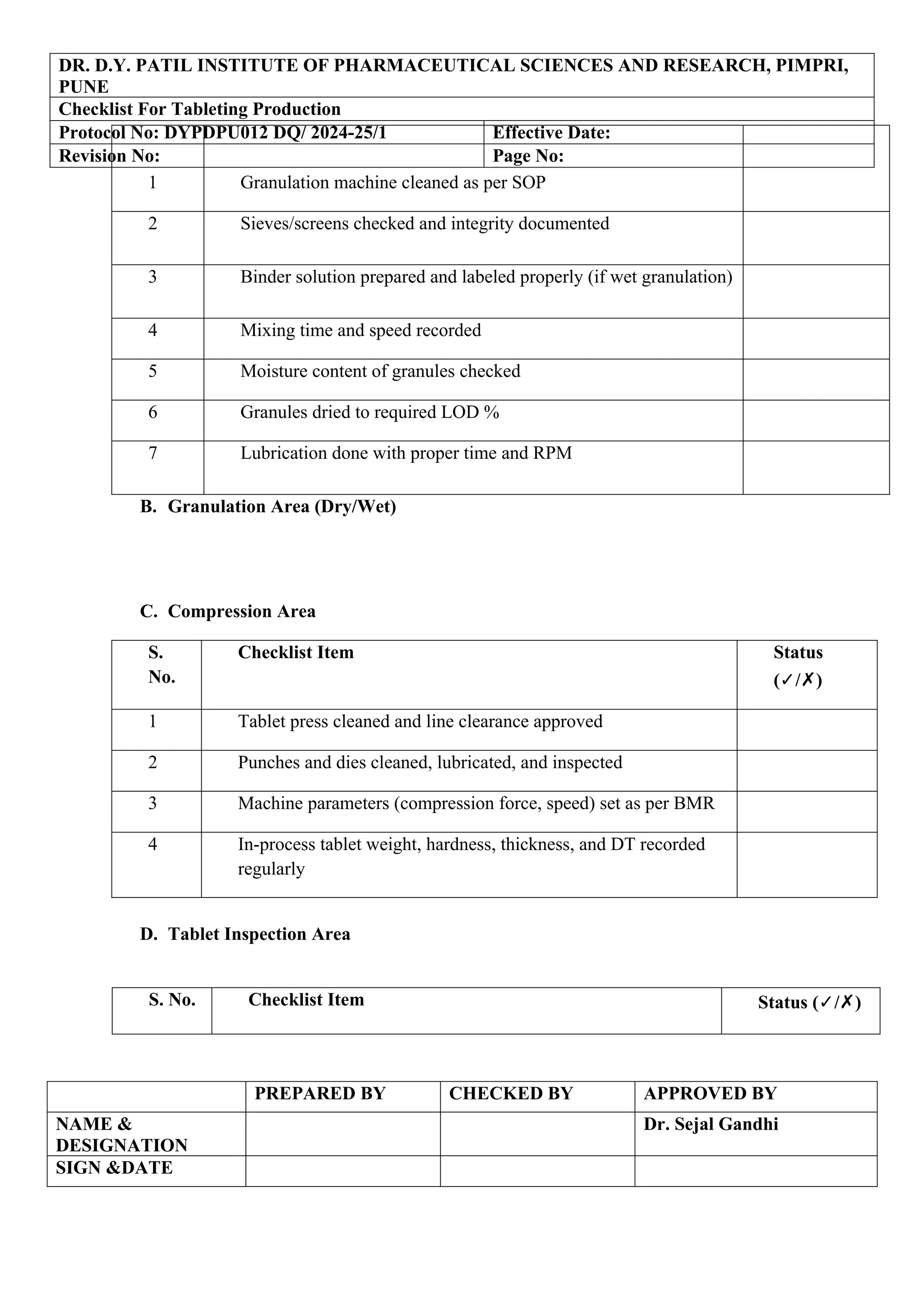 Checklist Tableting Production ( checklist ) | DOCX