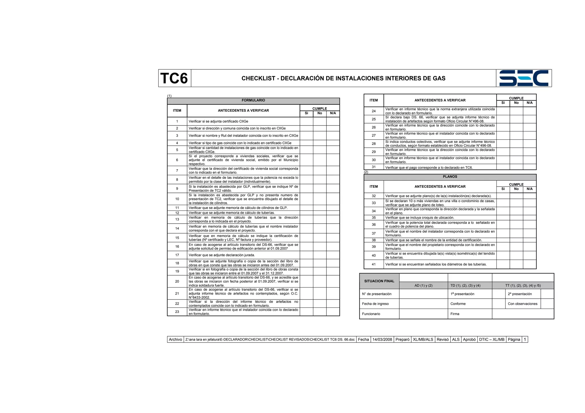 Checklist tc6 ds. 66 | PDF