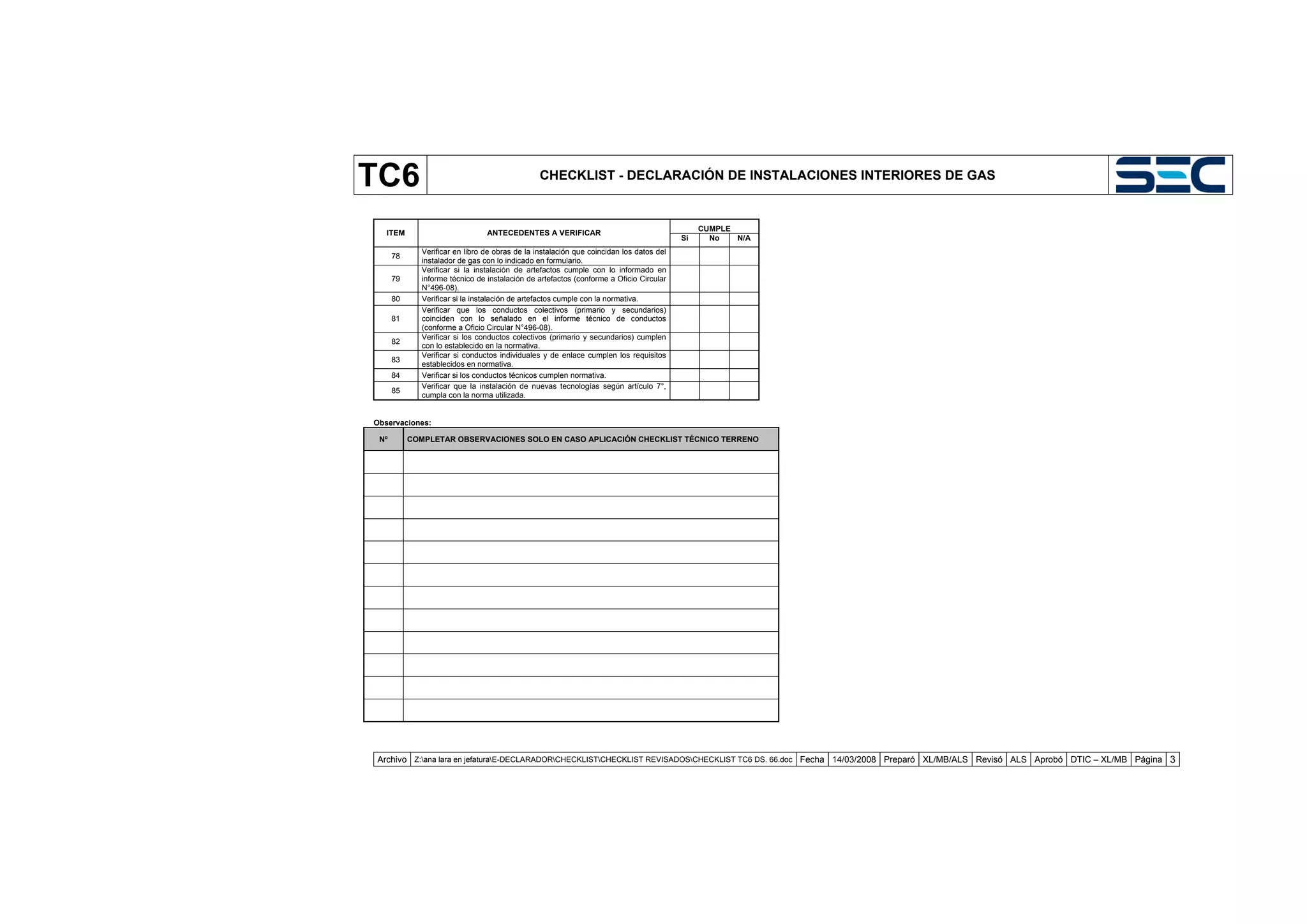 Checklist tc6 ds. 66 | PDF