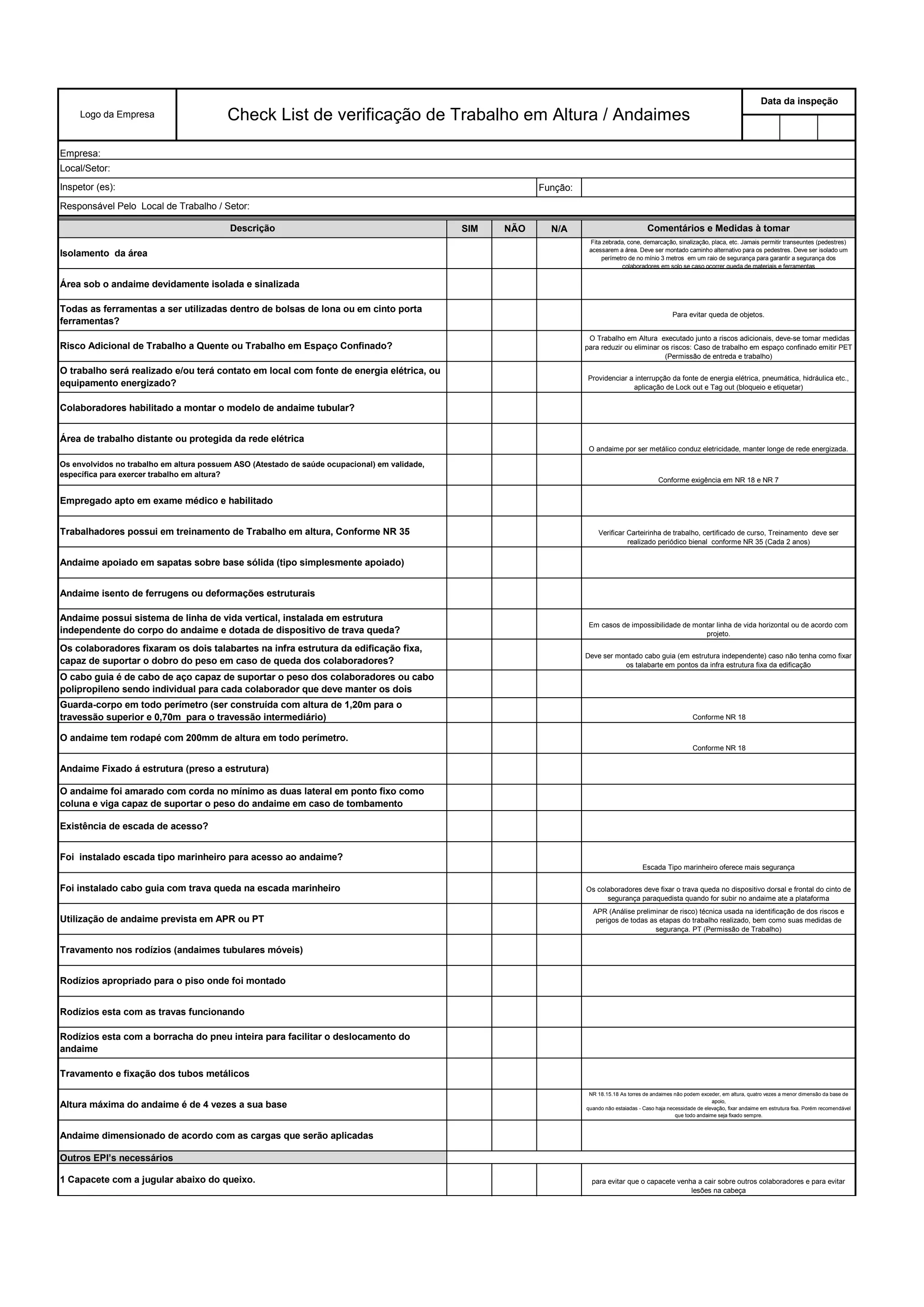 Check list trabalho em altura Andaimes | PDF
