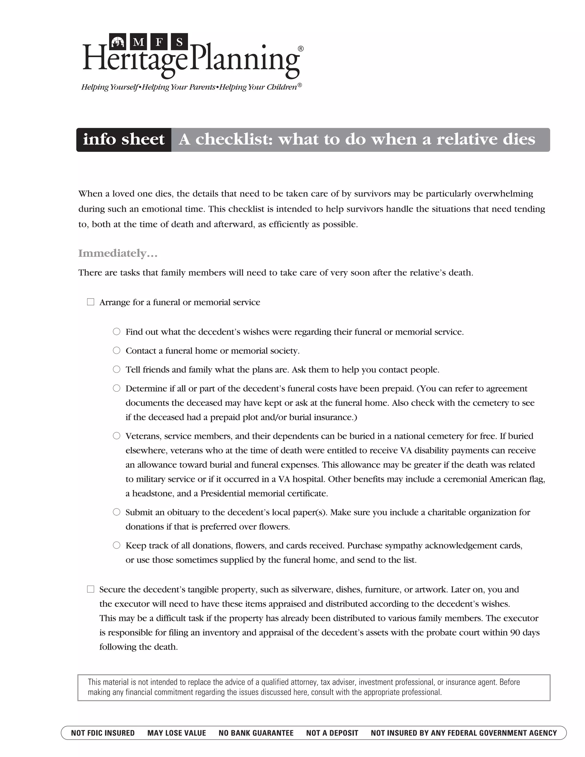 Checklist When A Relative Dies | PDF