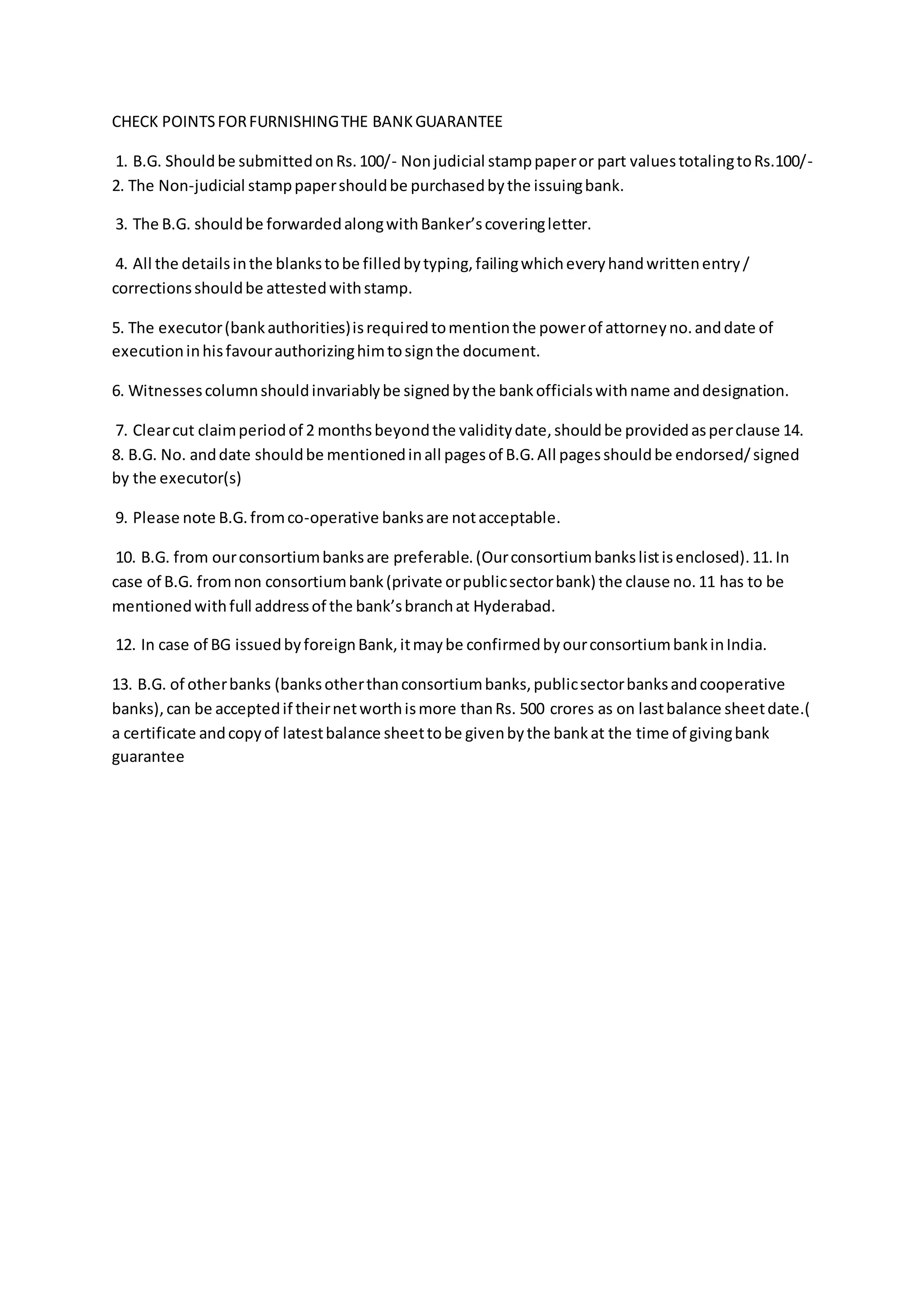 Check points for furnishing the bank guarantee | DOCX