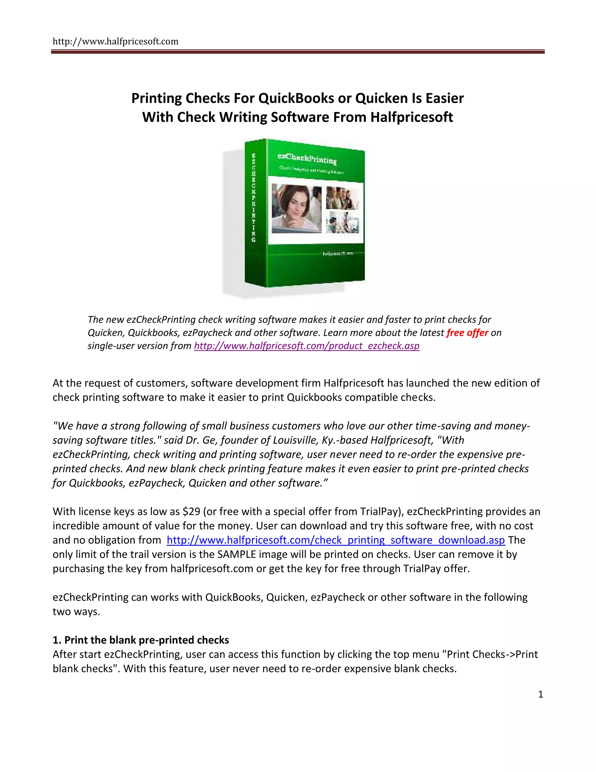 Printing Checks For QuickBooks or Quicken Is Easier With Check Writing ...