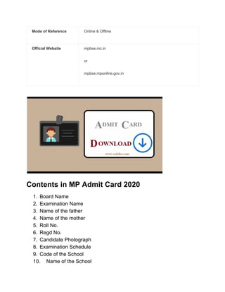 Check your mpbse 12th board admit card 2019, released now | PDF