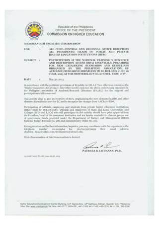 CHED Memo for RDA national training of PAARL in Cebu | PDF