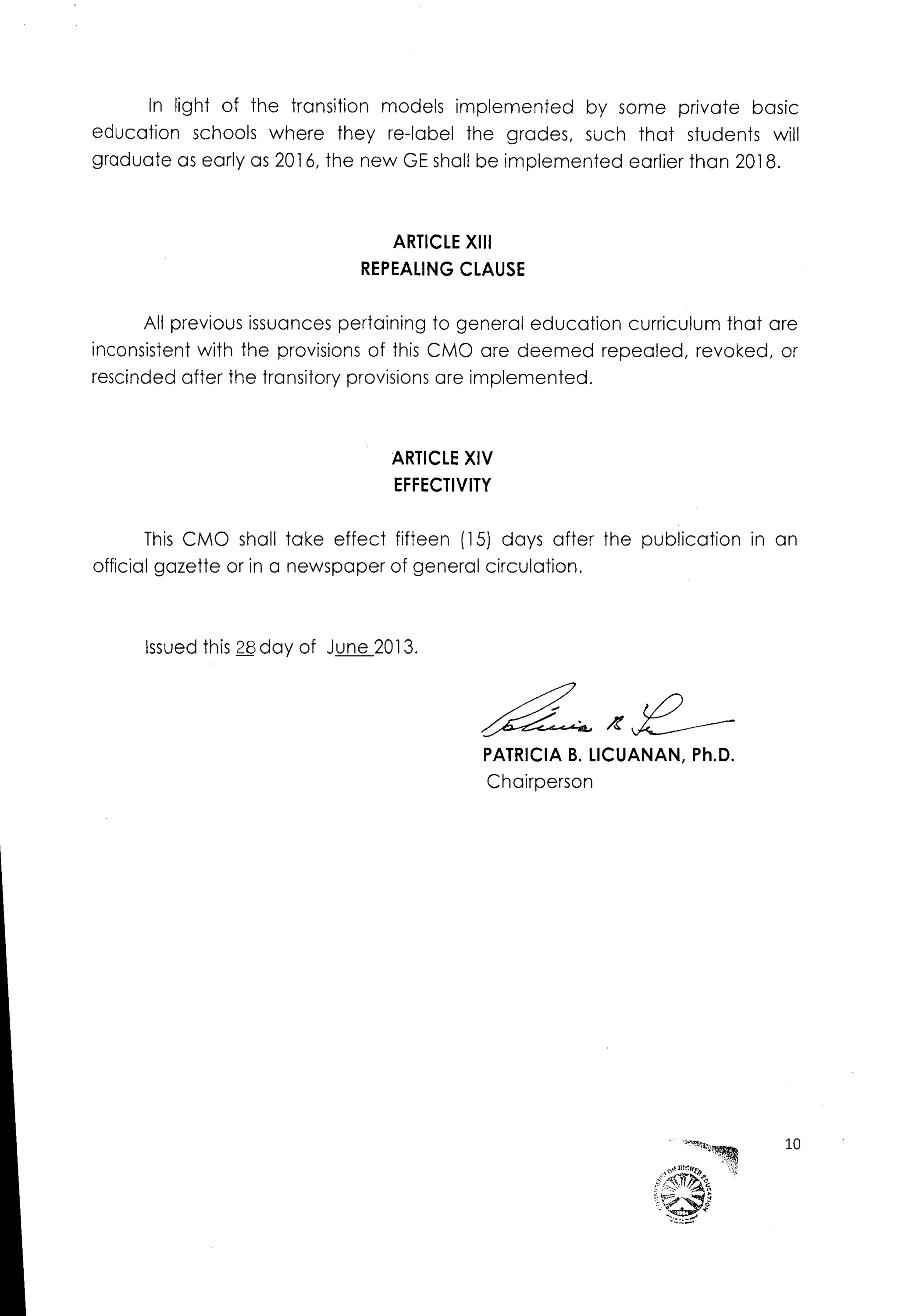 CHEd Memorandum Order No. 20 s2013 - General Education Curriculum | PDF