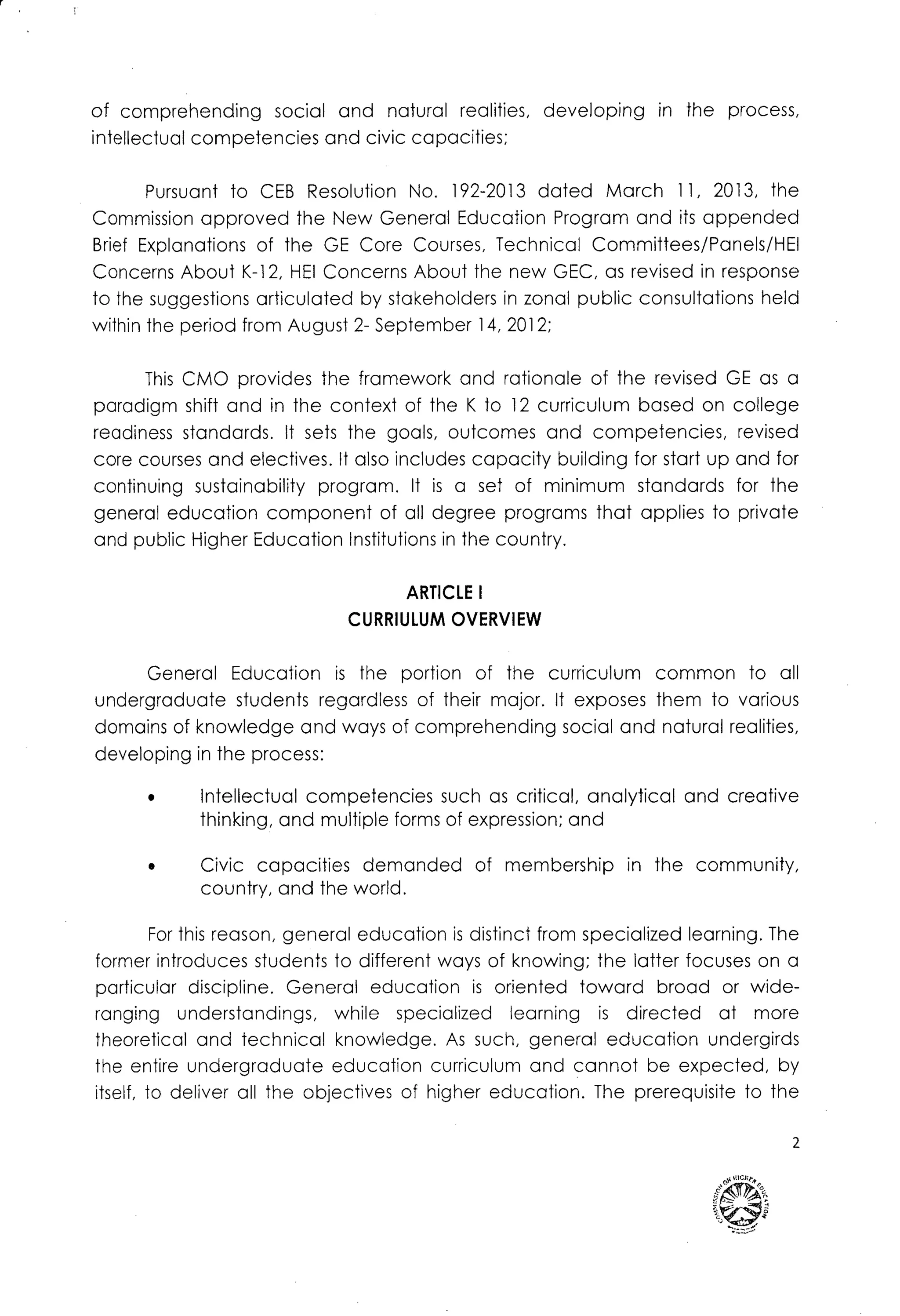 CHEd Memorandum Order No. 20 s2013 - General Education Curriculum | PDF