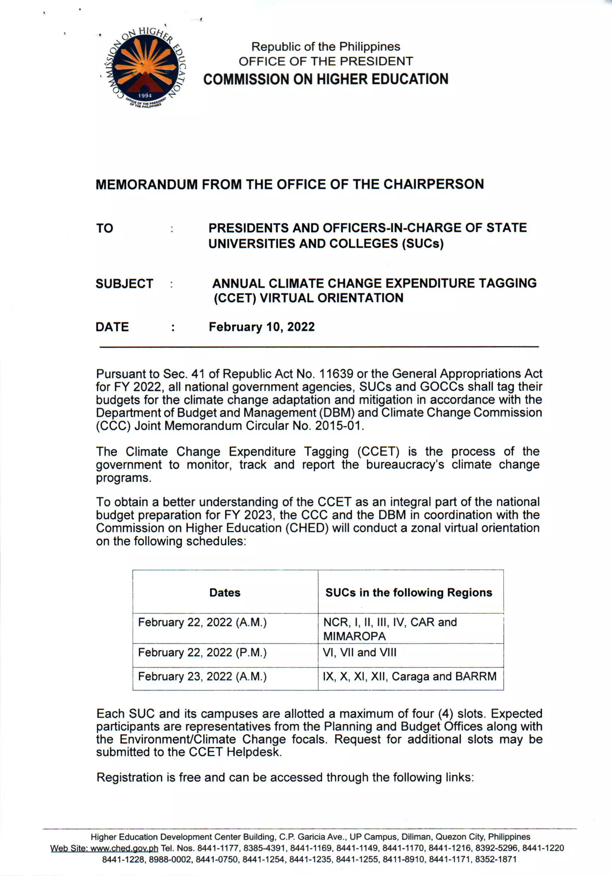 Ched memo to SUCs annual climate change expenditure tagging virtual ...