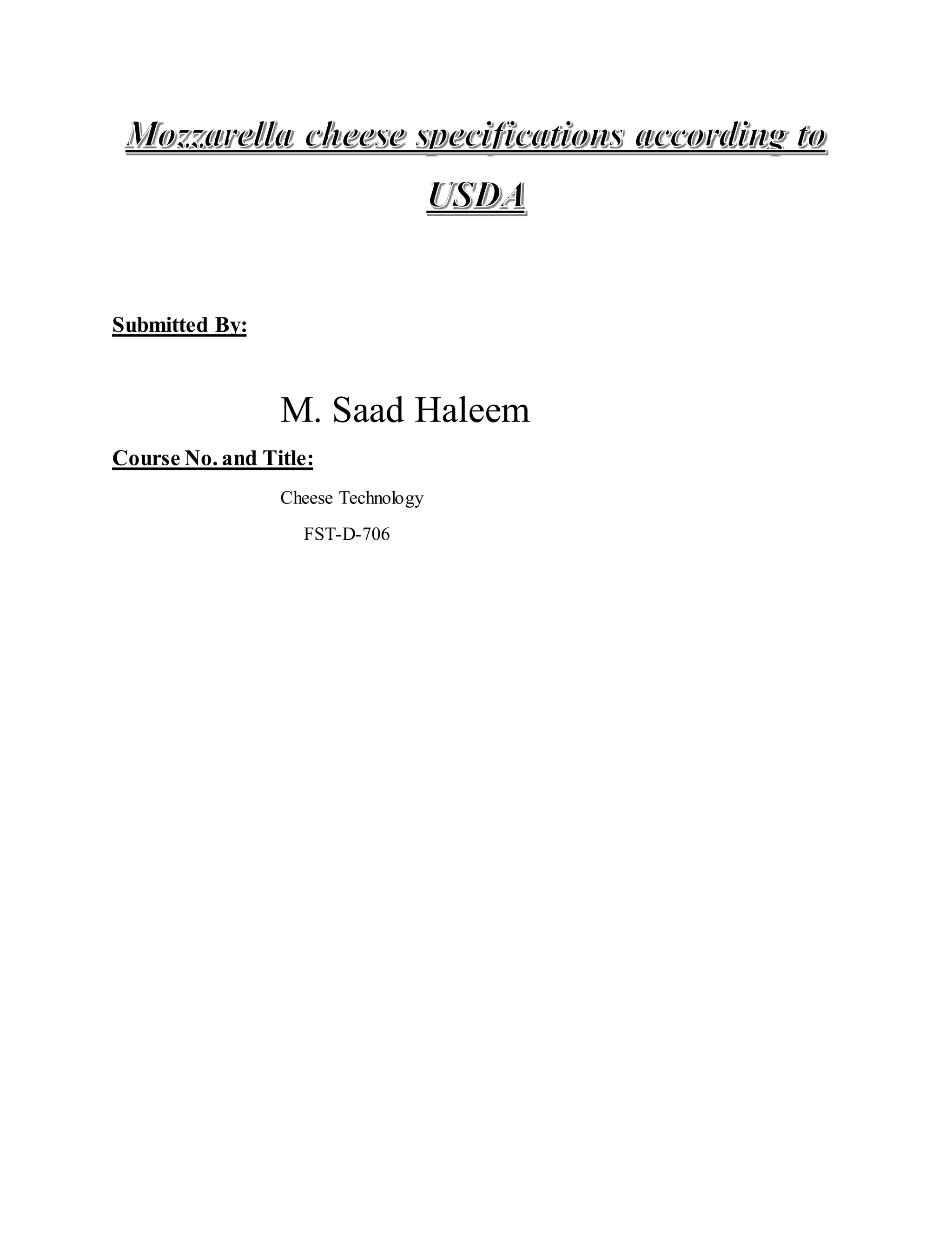 Cheese (Mozzarella cheese specifications according to USDA) | DOCX