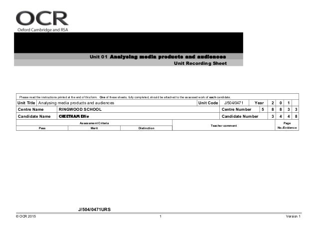 Cheetham elfie level 3 unit 01 - student record sheet