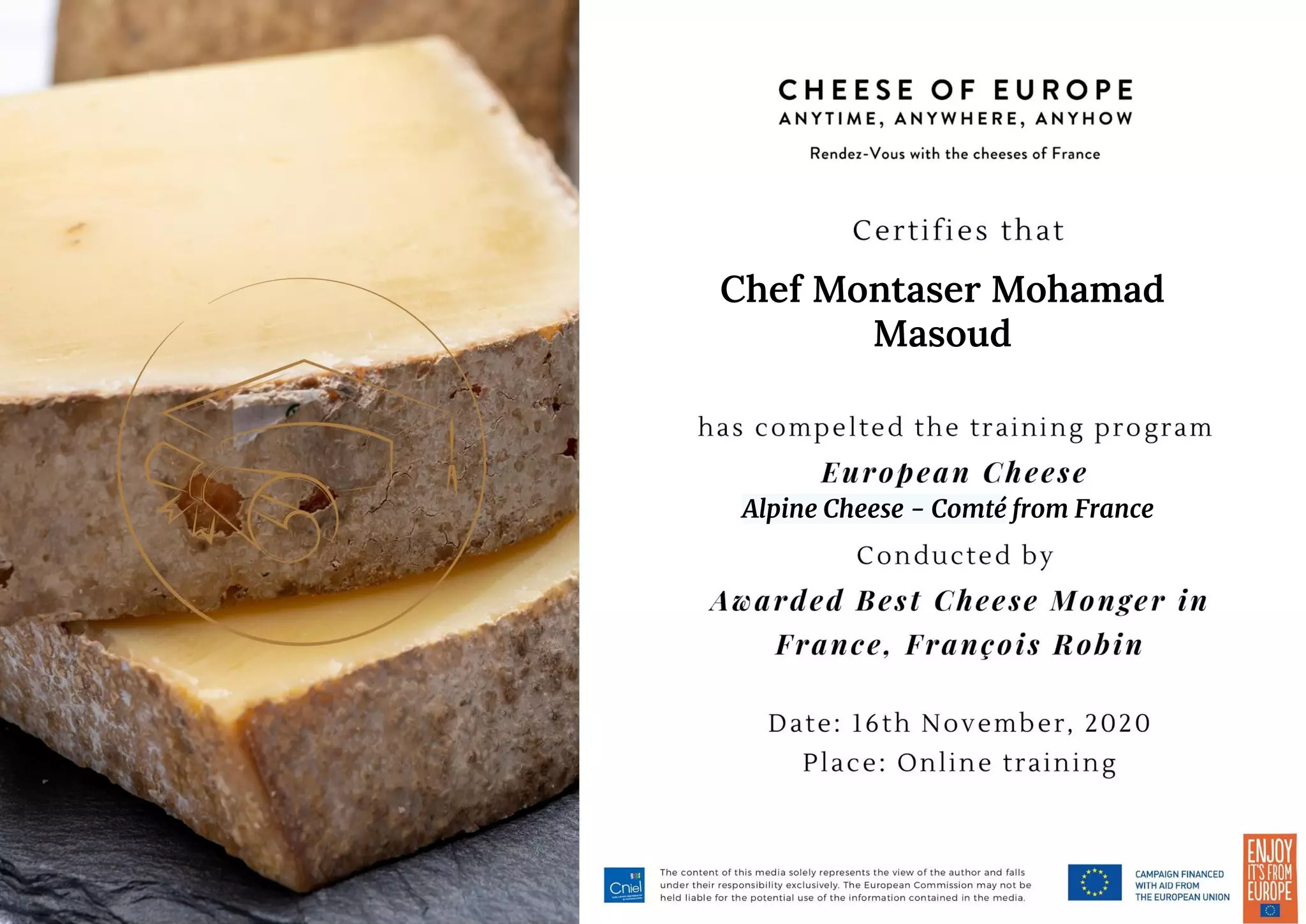 Chef montaser icca live! certificate of participation comté from france ...