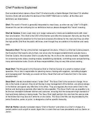 Chef Positions Explained