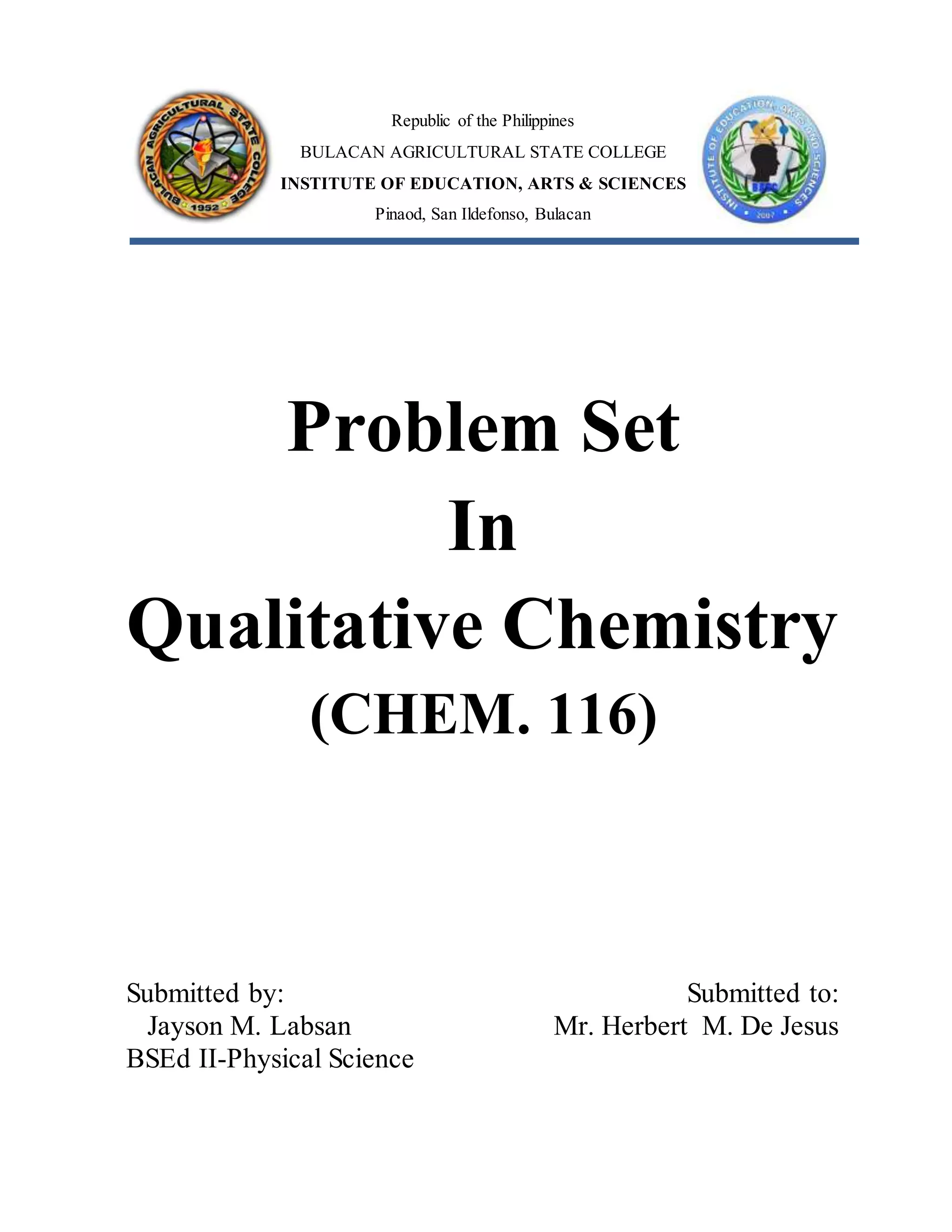Chem.116 qualitative chemistry problem set | PDF