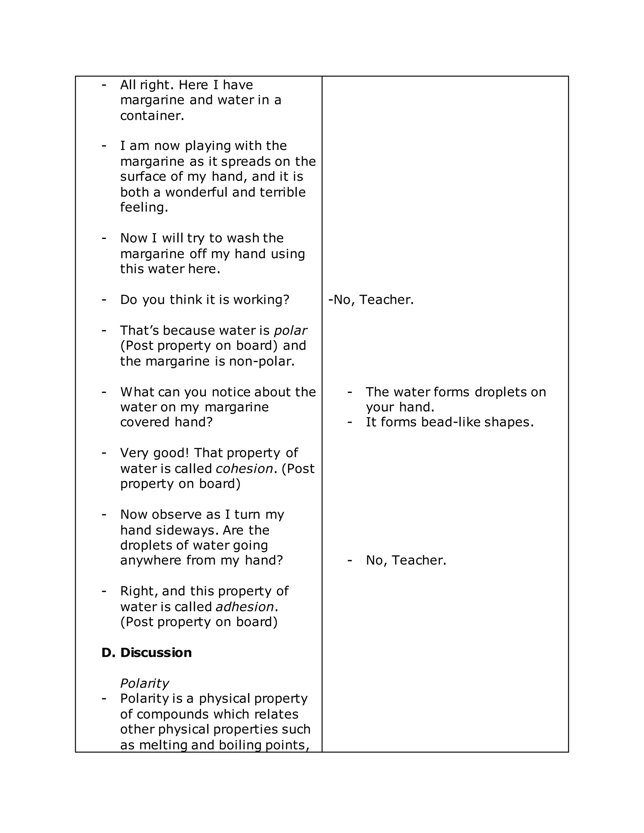 Lesson Plan about Polarity, Adhesion and Cohesion | DOCX
