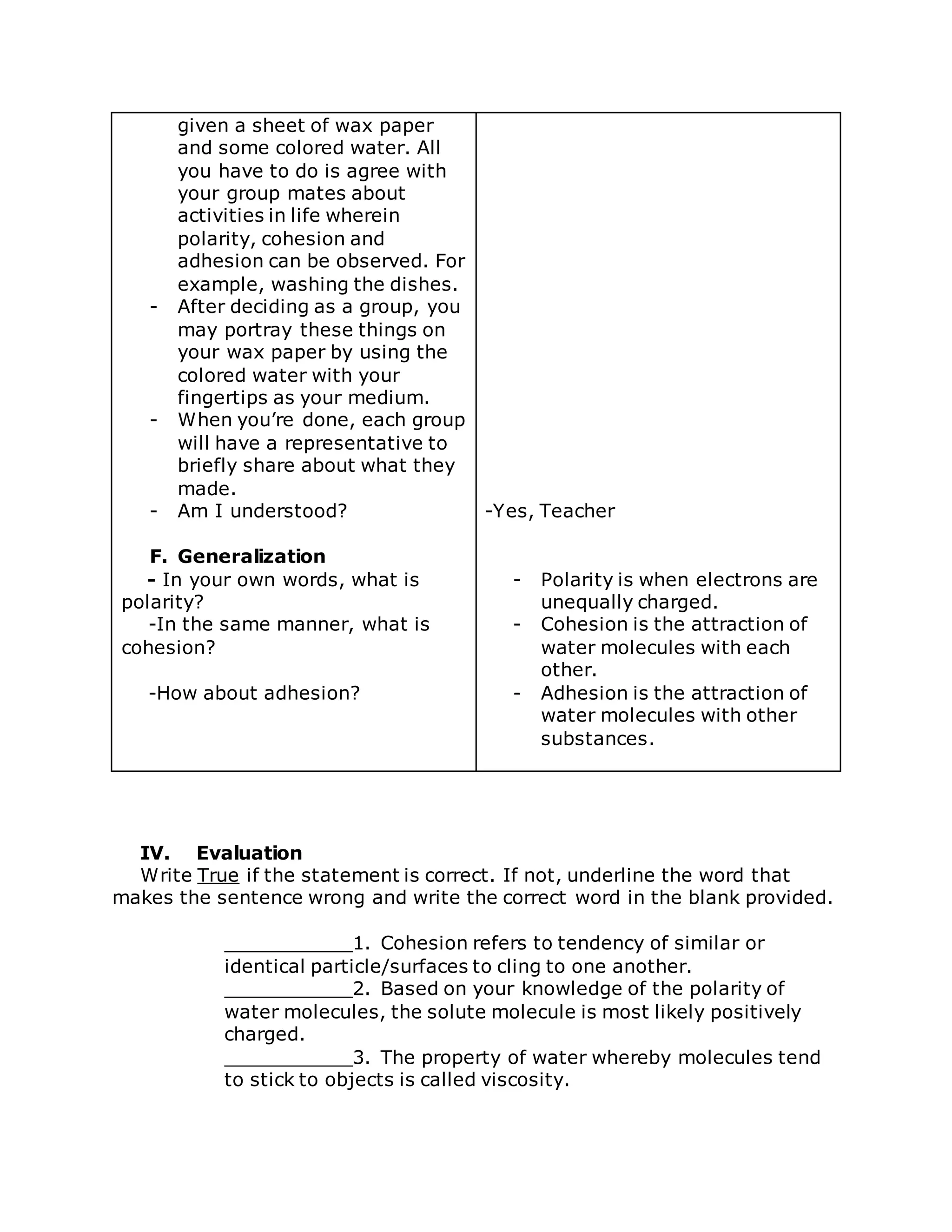 Lesson Plan about Polarity, Adhesion and Cohesion | DOCX