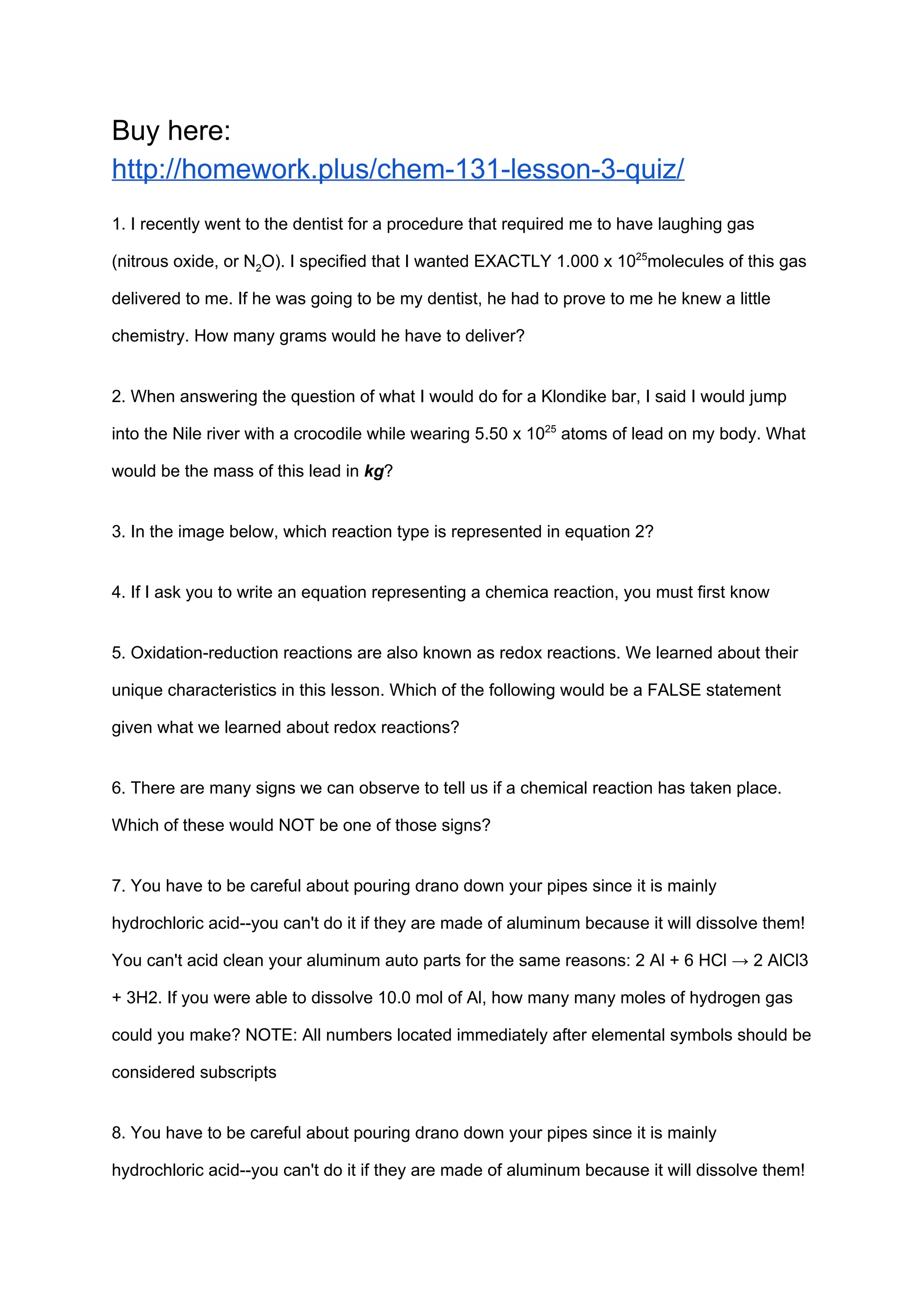 CHEM 131 Lesson 3 Quiz | PDF | Chemistry | Science