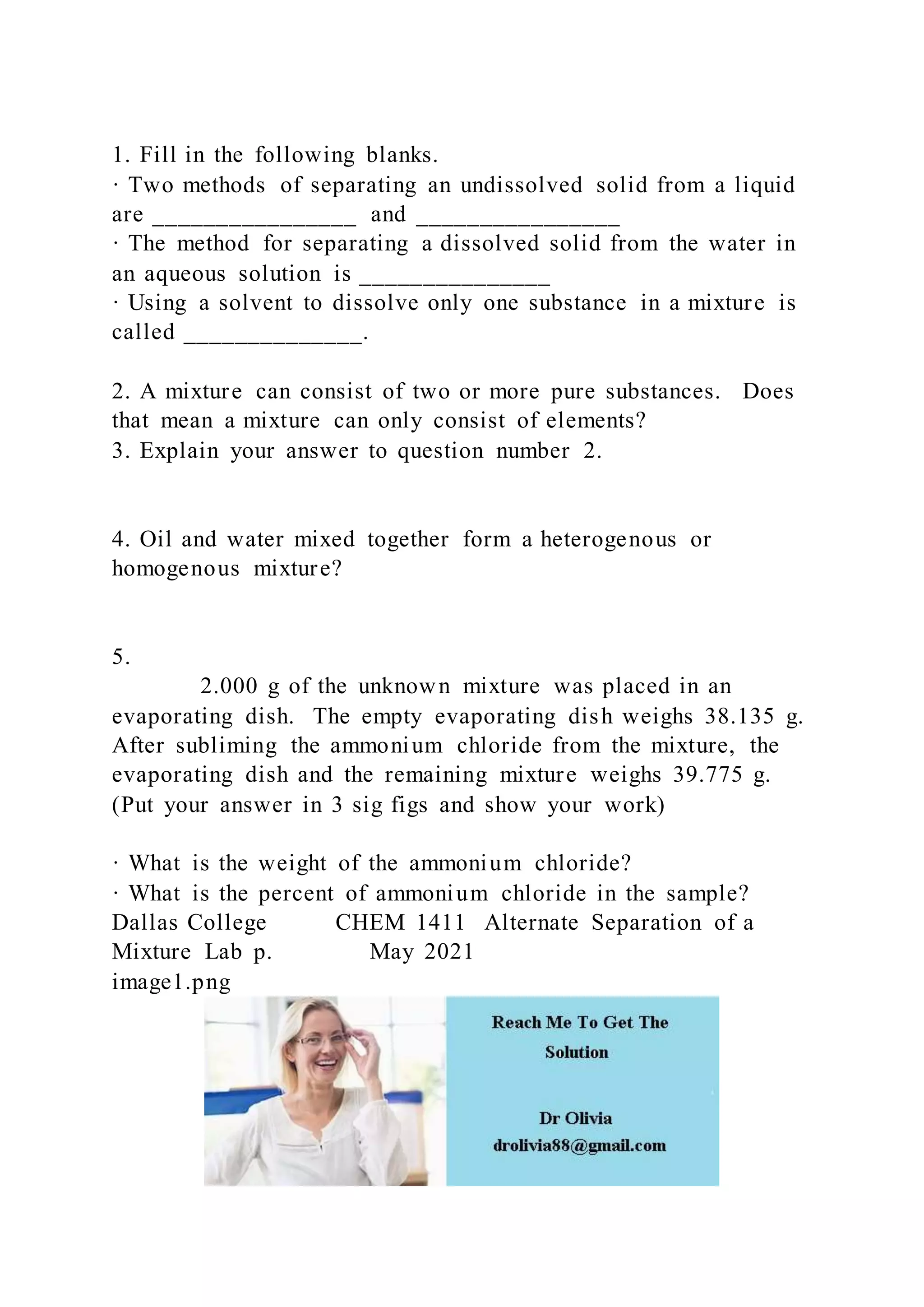 CHEM 1411 Alternate Separation of a Mixture LabObjectives1. To un | DOCX