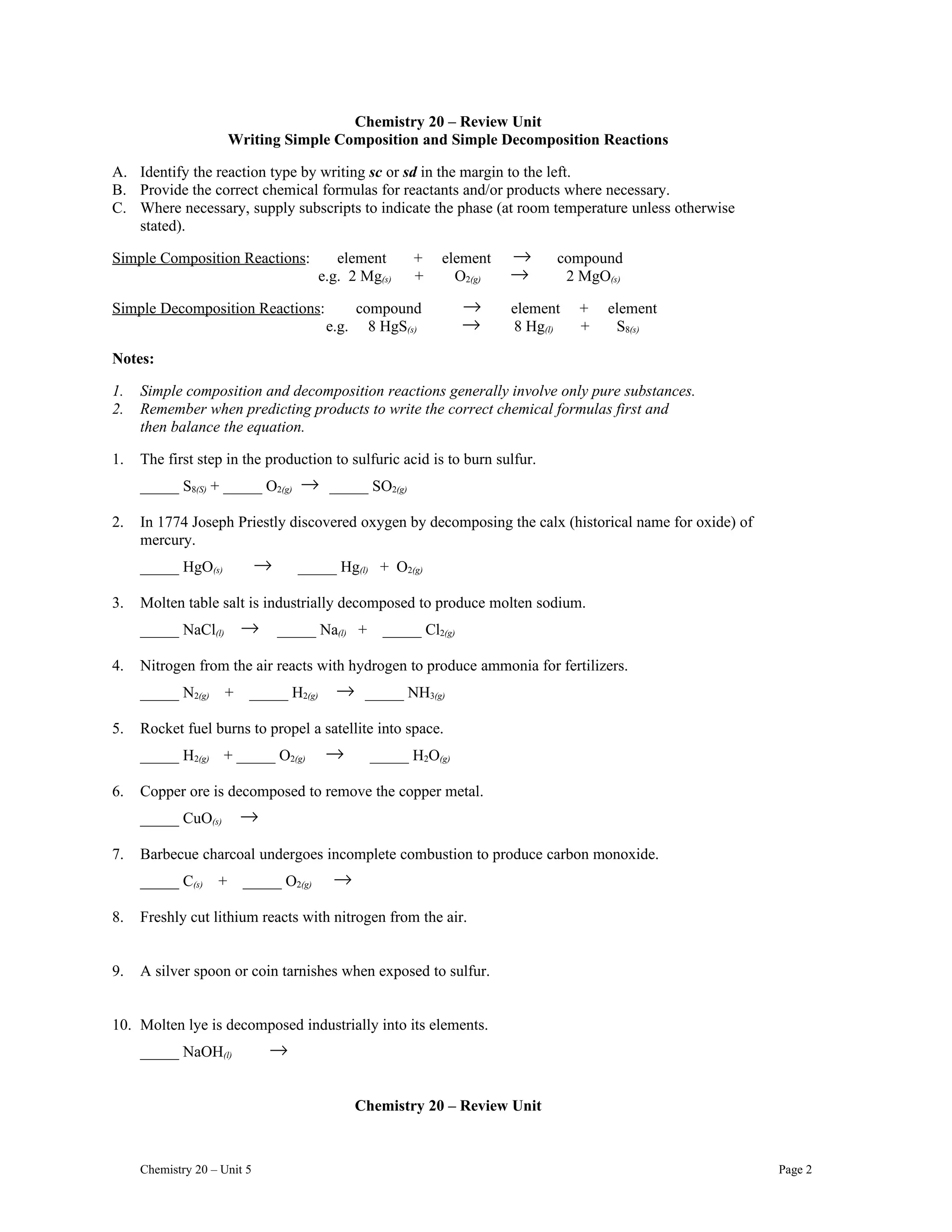 Chem 20 Review Section 2 Worksheets | PDF